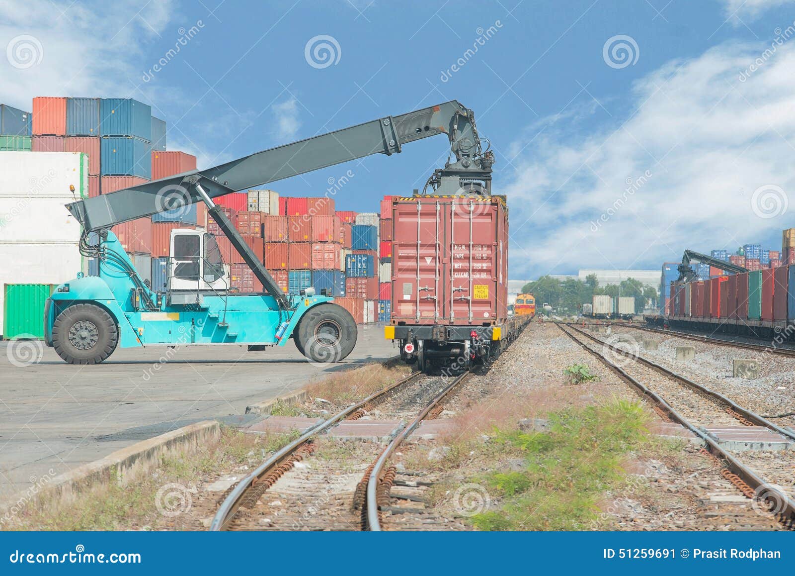 Forklift Handling Container Box Loading To Freight Train Stock Image ...