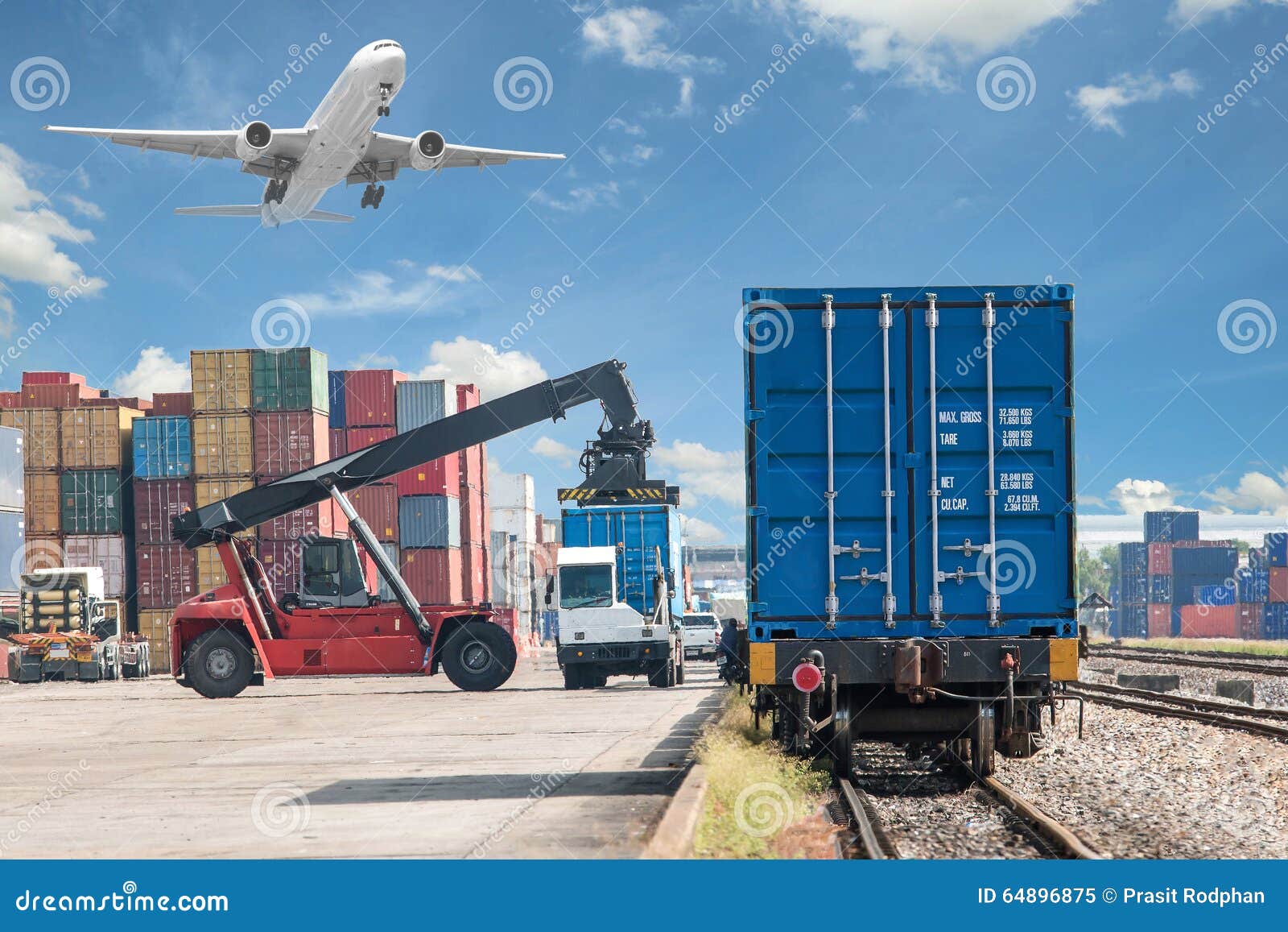 Forklift Handling Container Box Loading To Freight Train Stock Image ...