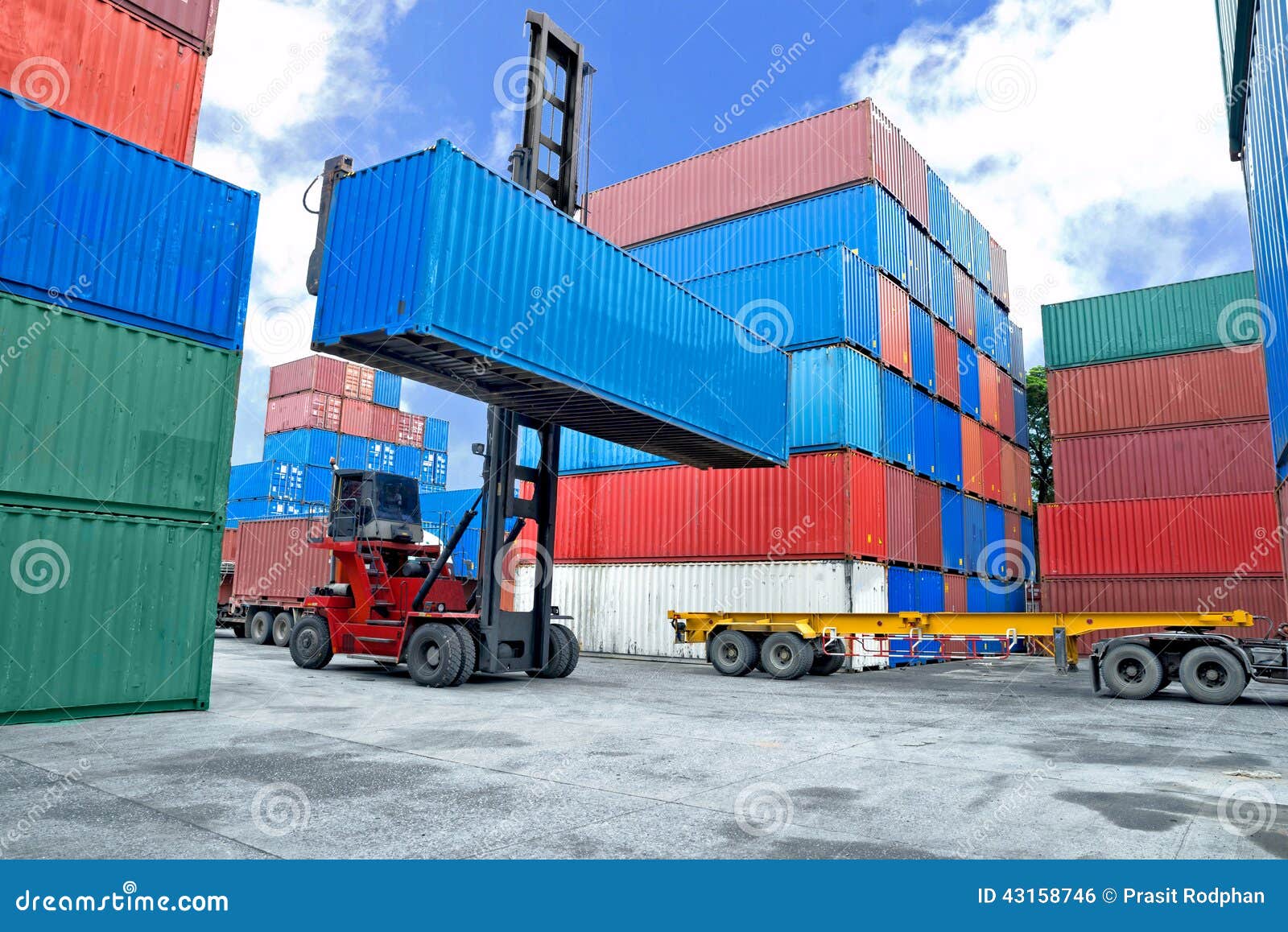 Forklift Handling Container Box Loading To Truck I Stock Photo - Image ...