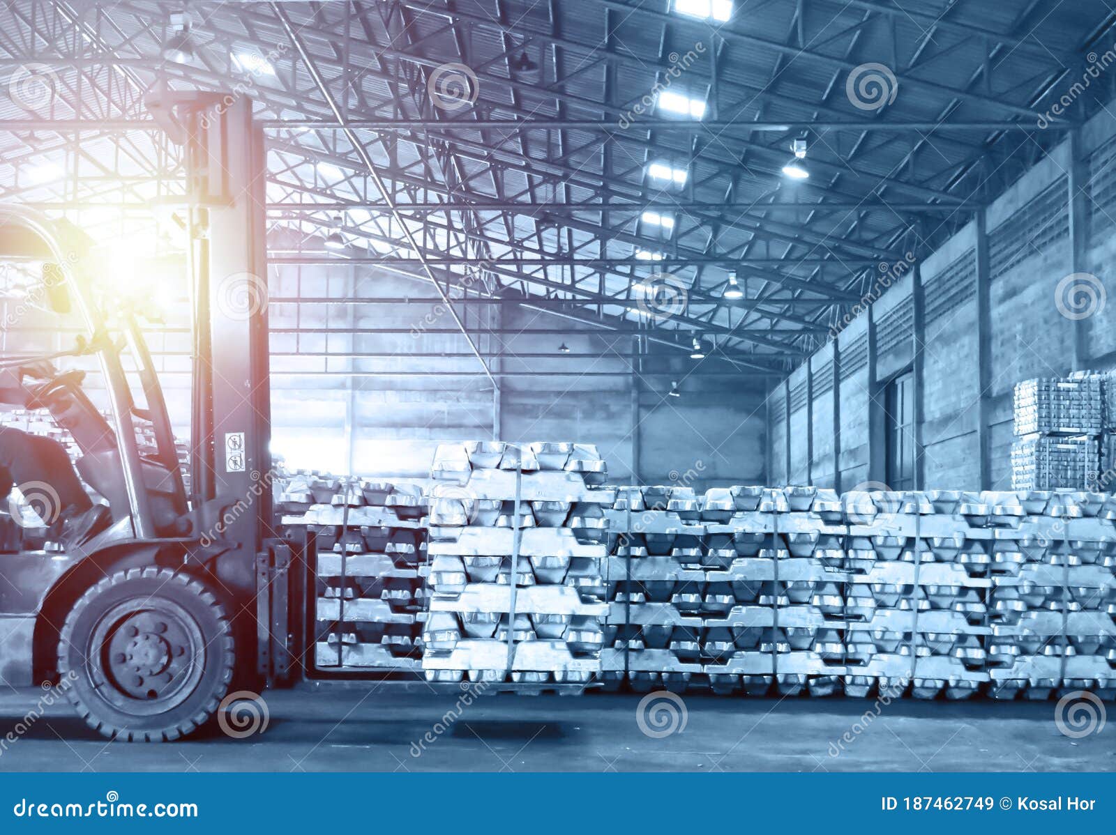 Forklift Handling Pack of Aluminum Ingot in Warehouse. Distribution ...