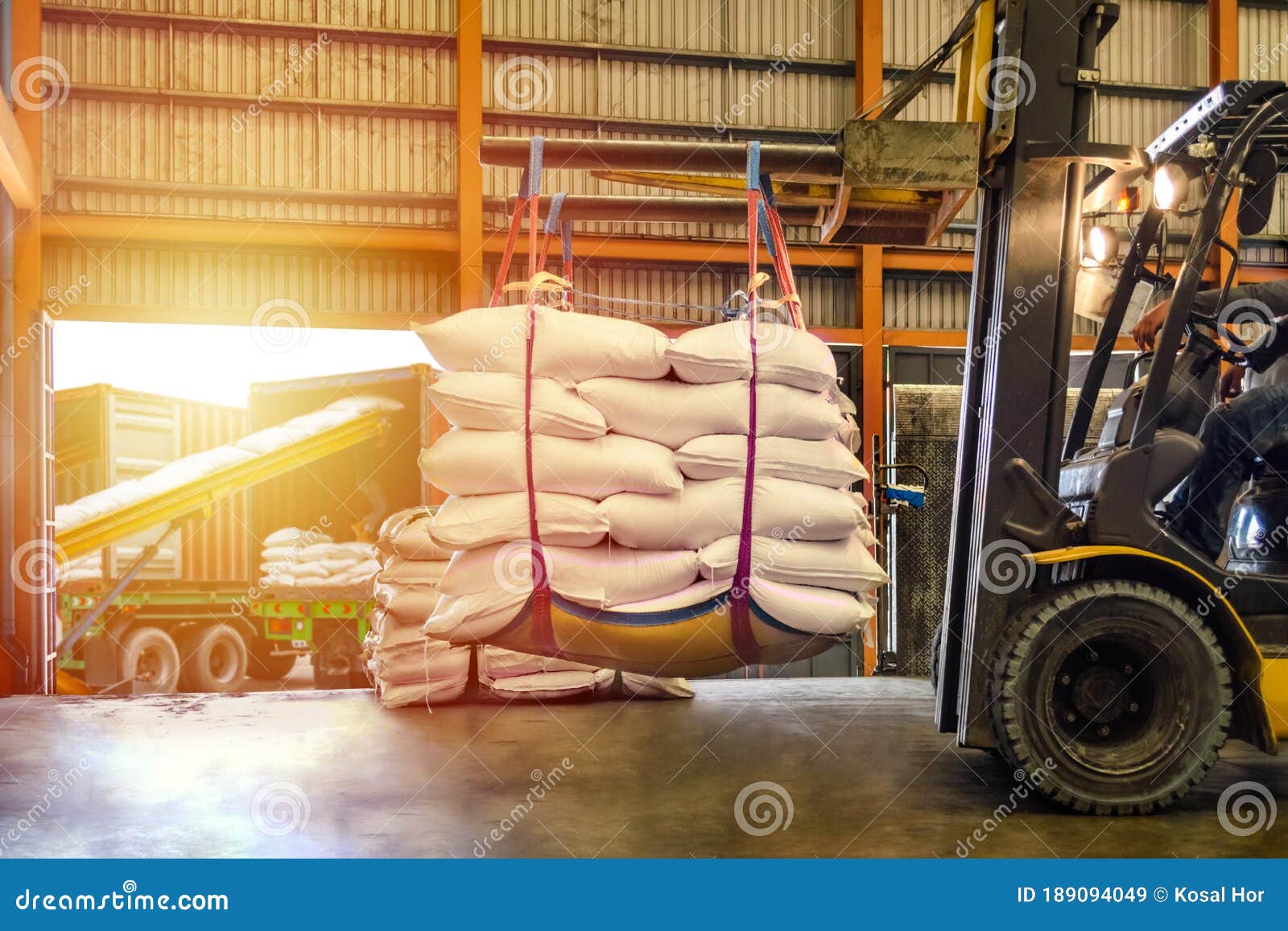 Forklift Handling Sugar Bag for Stuffing into Container for Export ...