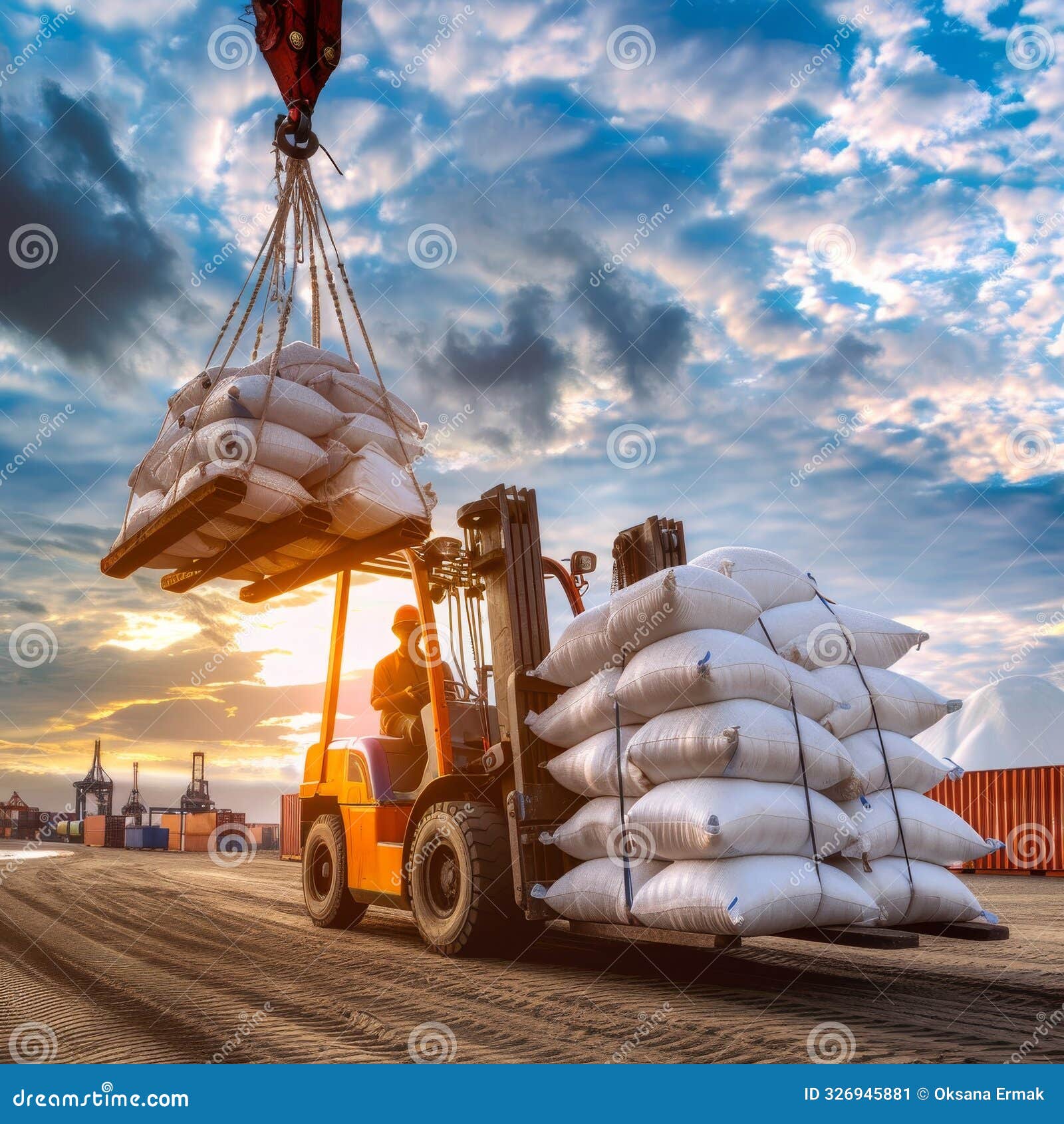 Forklift Handling White Bags, Loading Fertilizer Bags into Containers ...