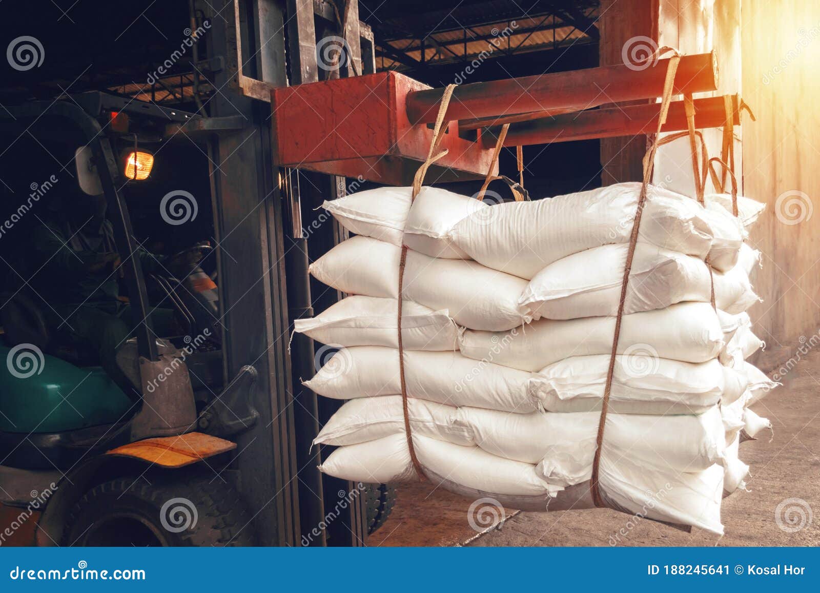 Sugar Warehouse Activities, Forklift Carries Sugar Bags To Container ...