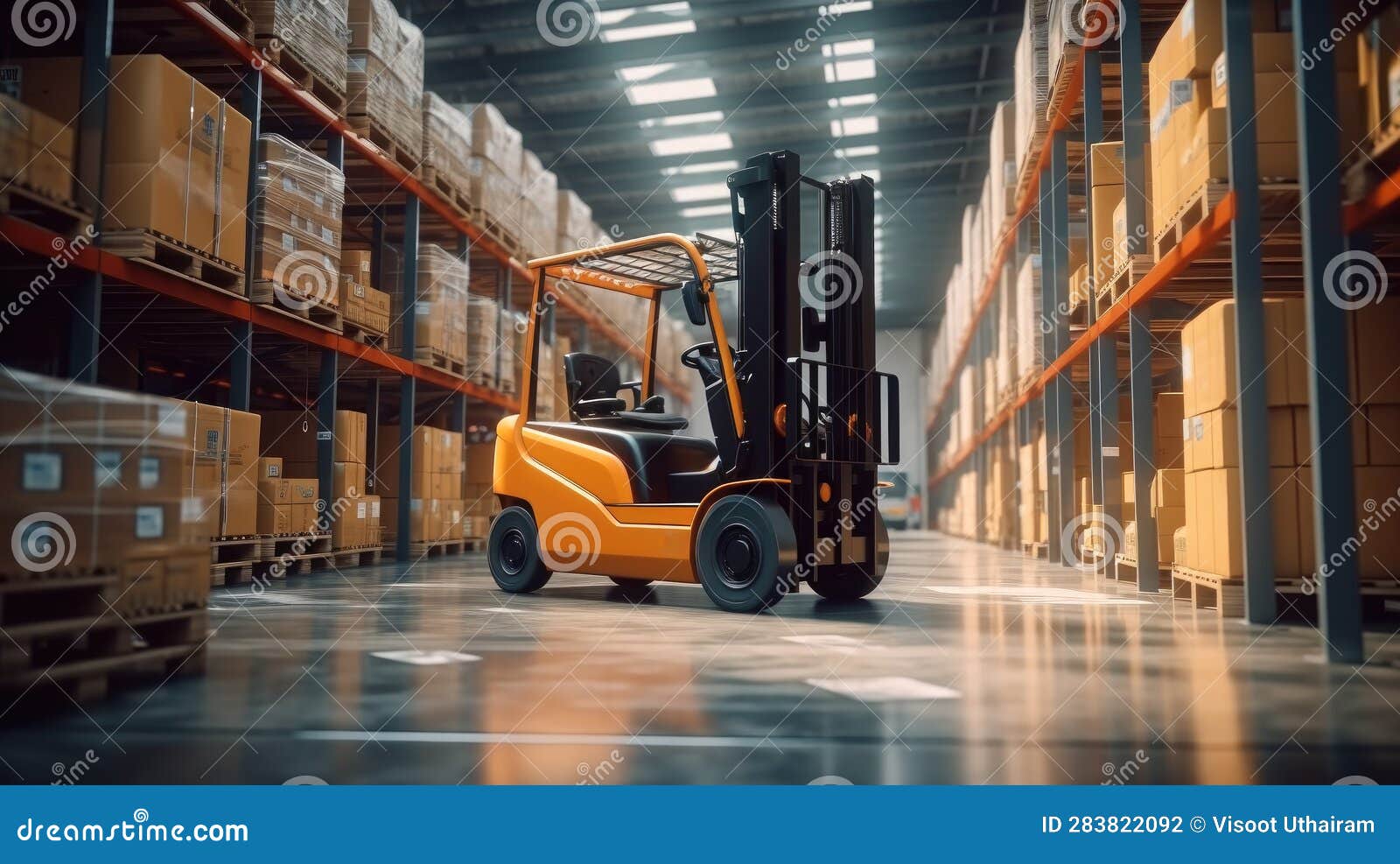 Forklift in the Large Modern Warehouse, Large Goods Warehouse with ...
