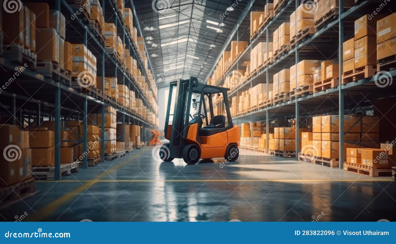 Forklift in the Large Modern Warehouse, Large Goods Warehouse with ...