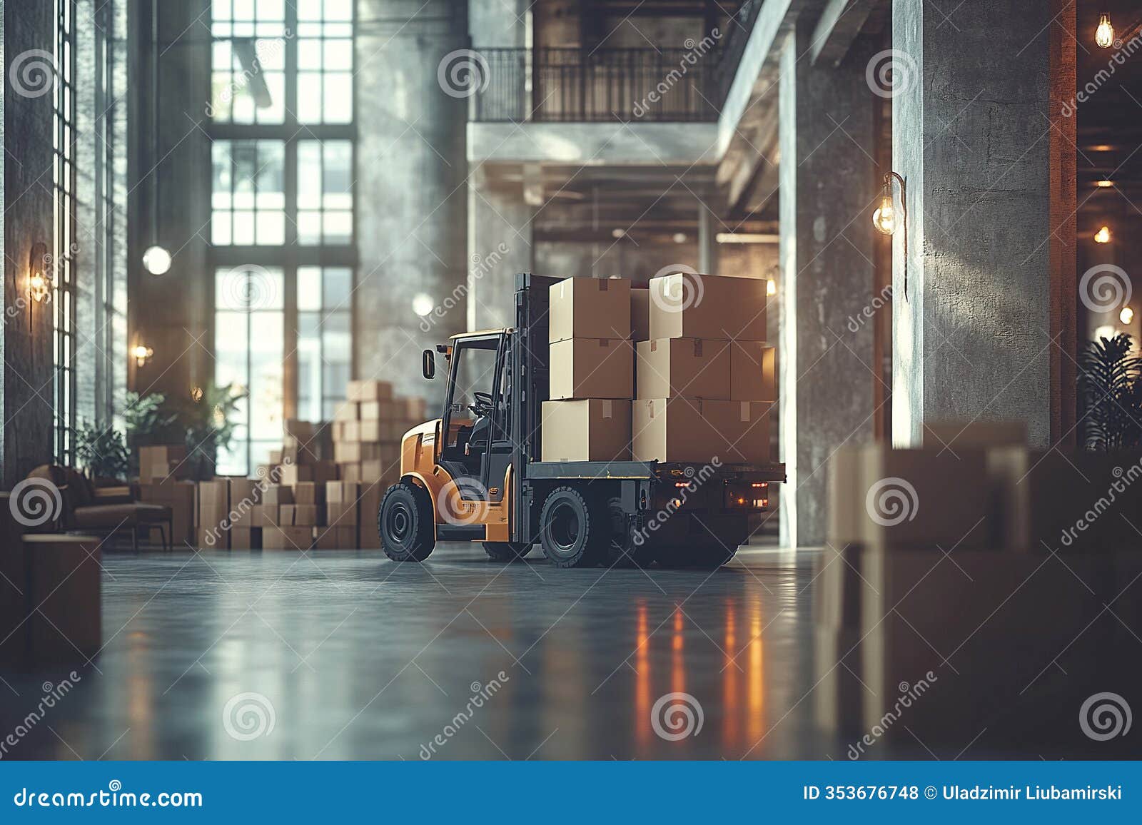 Forklift Loaded with Boxes Inside a Warehouse Hangar. Cardboard Parcels ...