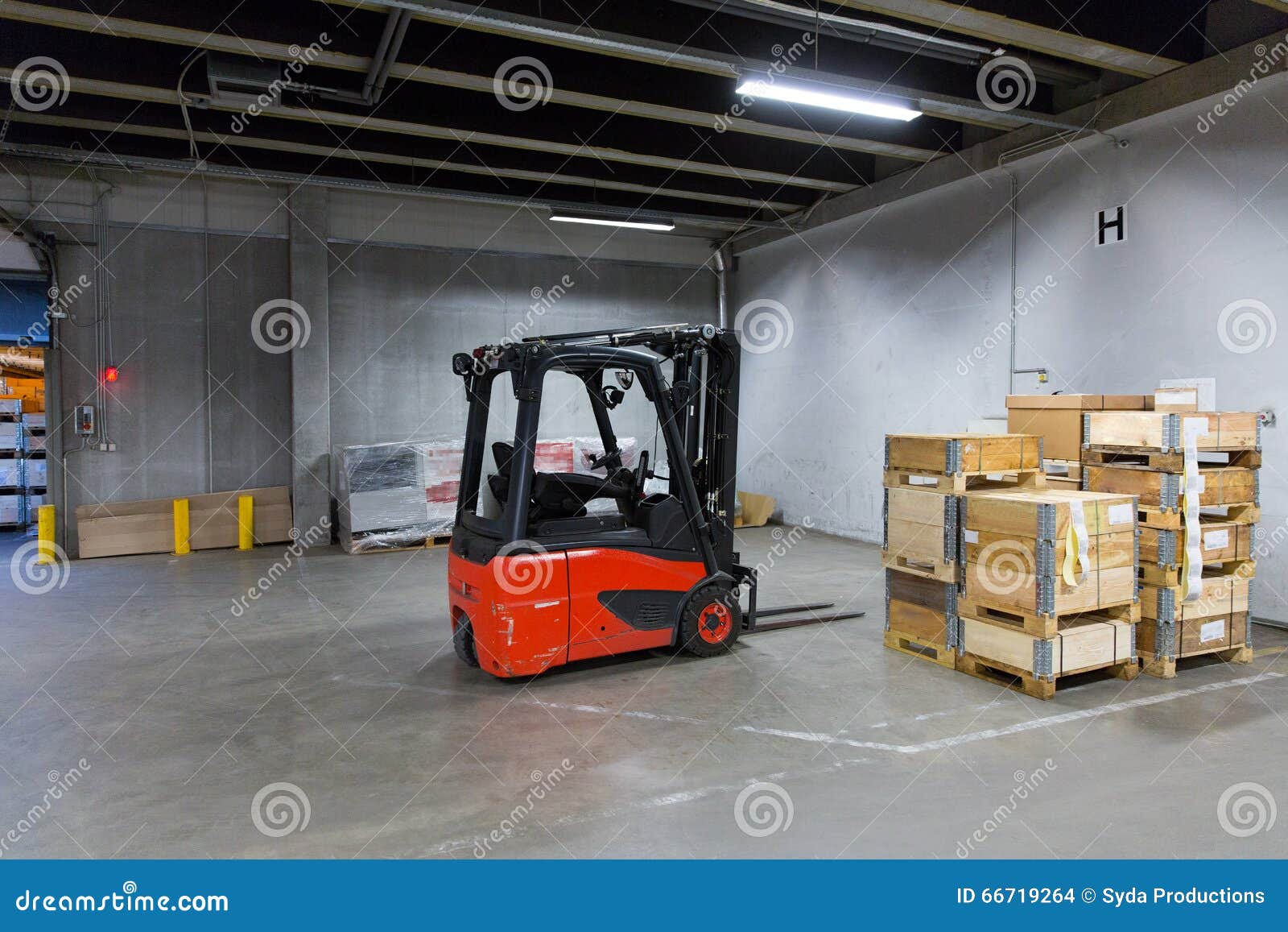 Forklift Loader and Boxes at Warehouse Stock Photo - Image of loader ...