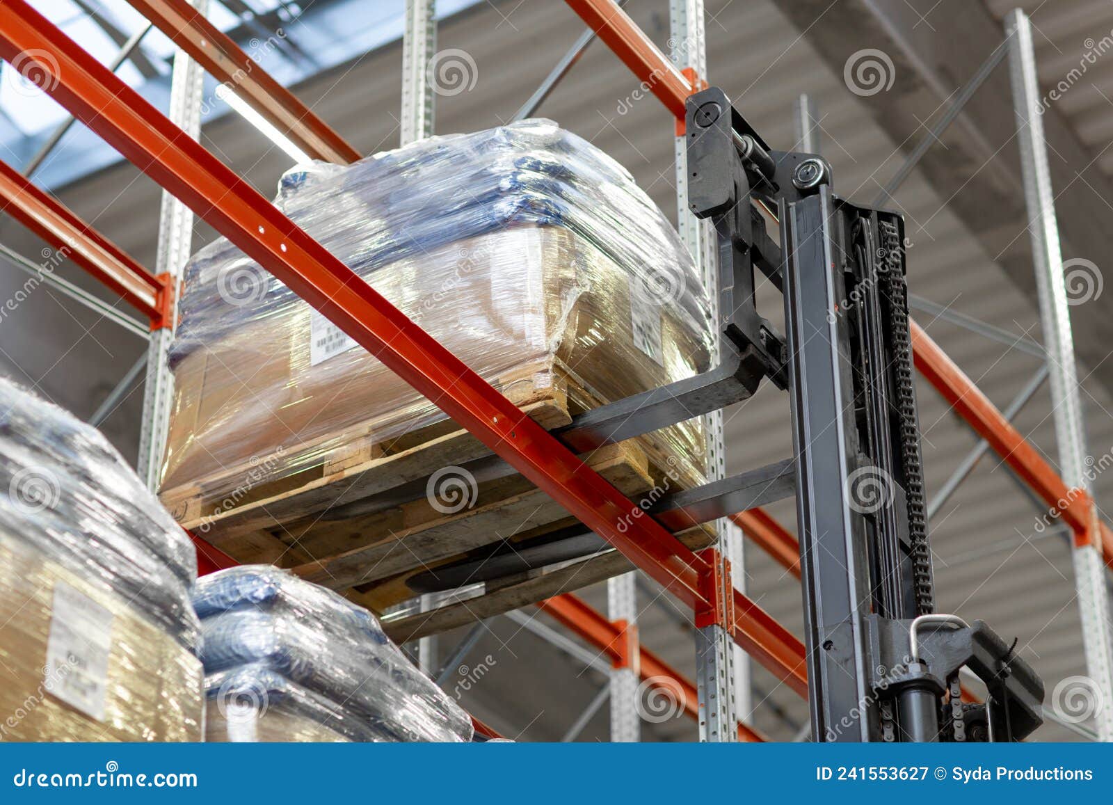 Forklift Loader Loading Cargo To Warehouse Shelves Stock Image - Image ...