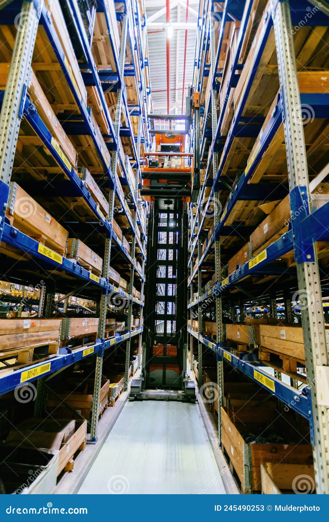 Forklift Loader in Modern Warehouse Interior with Shelves and Boxes ...
