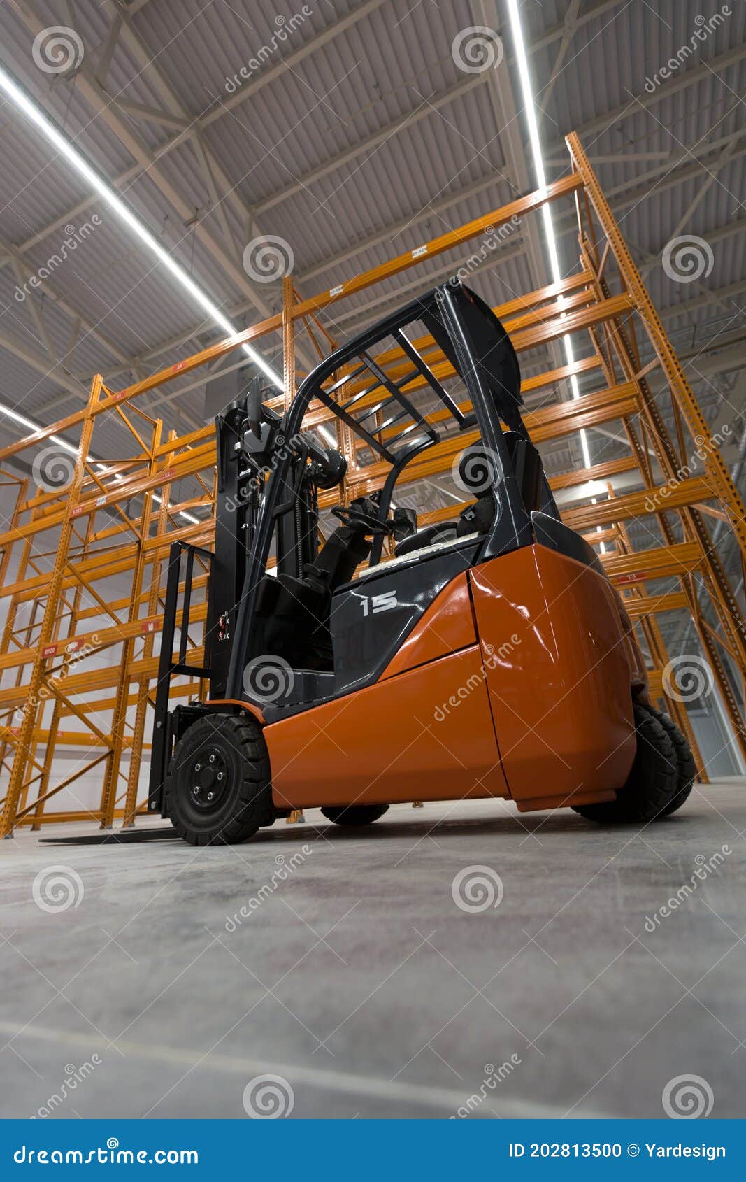 Forklift Loader in New Empty Modern Storehouse. Wide Angle Stock Photo ...