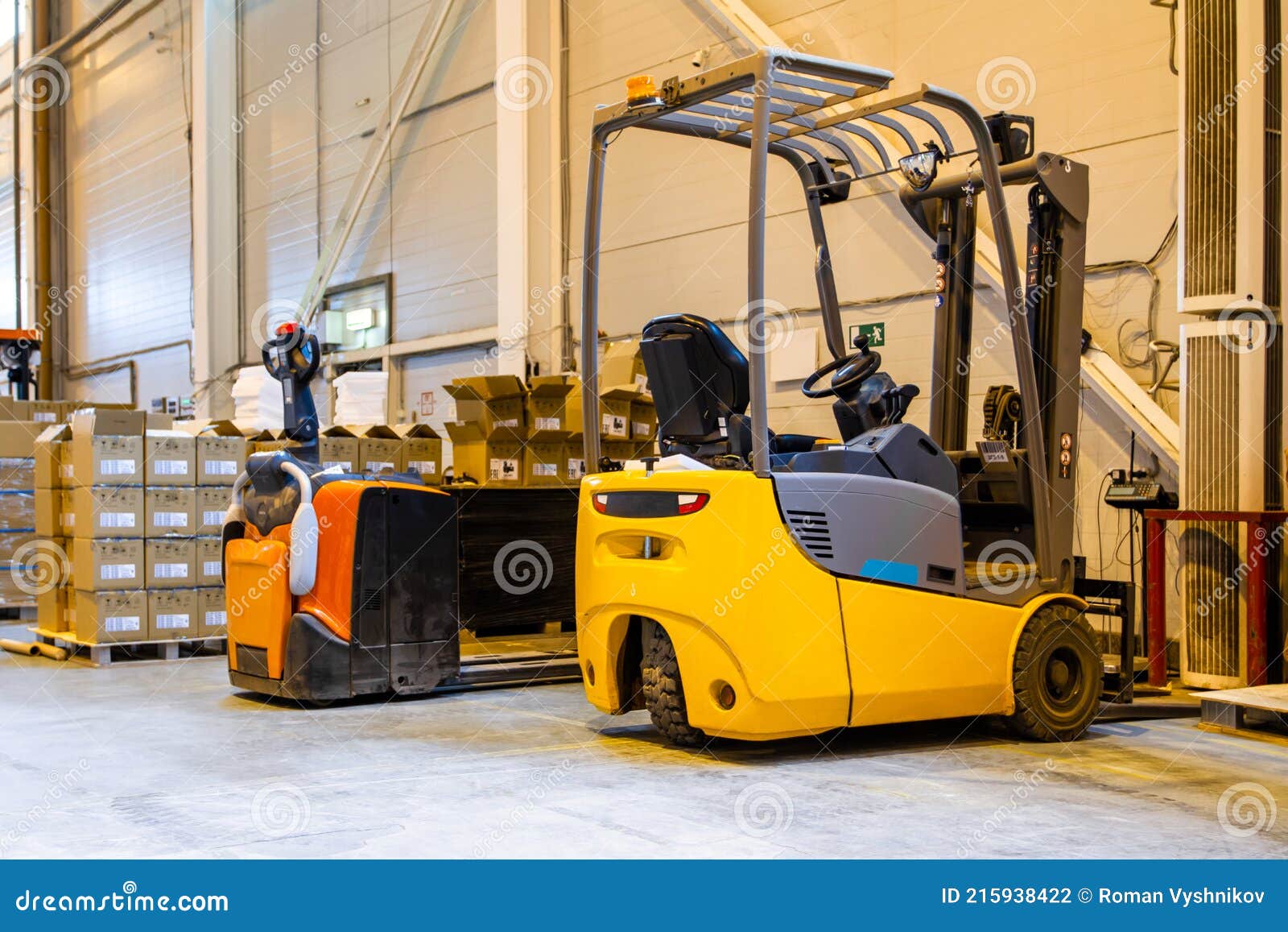 Forklift Loader Parking at Logistics Warehouse. Pallet Stacker Truck ...