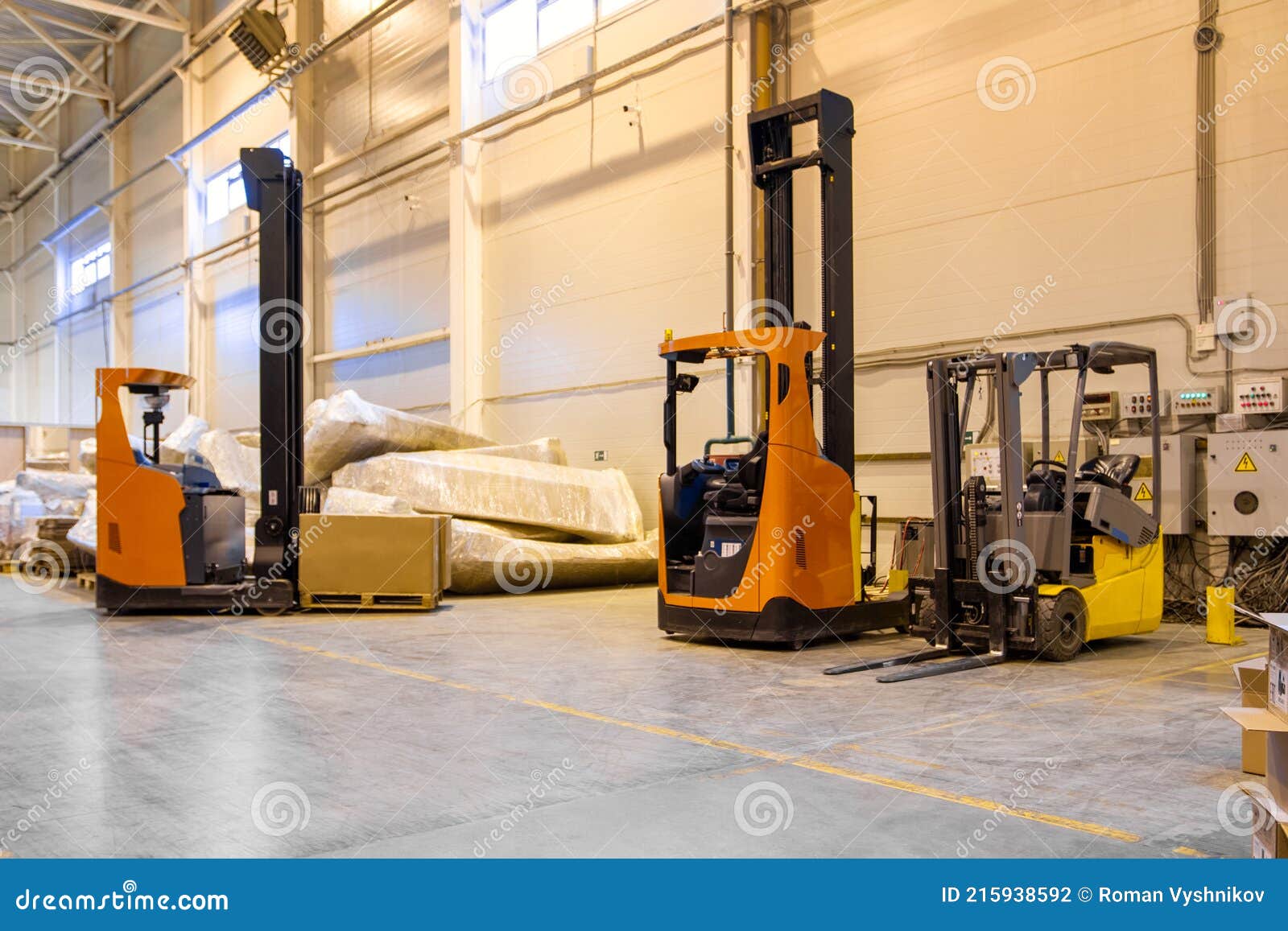 Forklift Loader Parking at Logistics Warehouse. Pallet Stacker Truck ...
