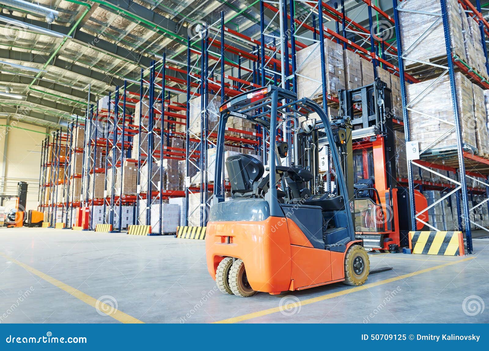 Forklift Loader Stacker Truck at Warehouse Stock Image - Image of rack ...