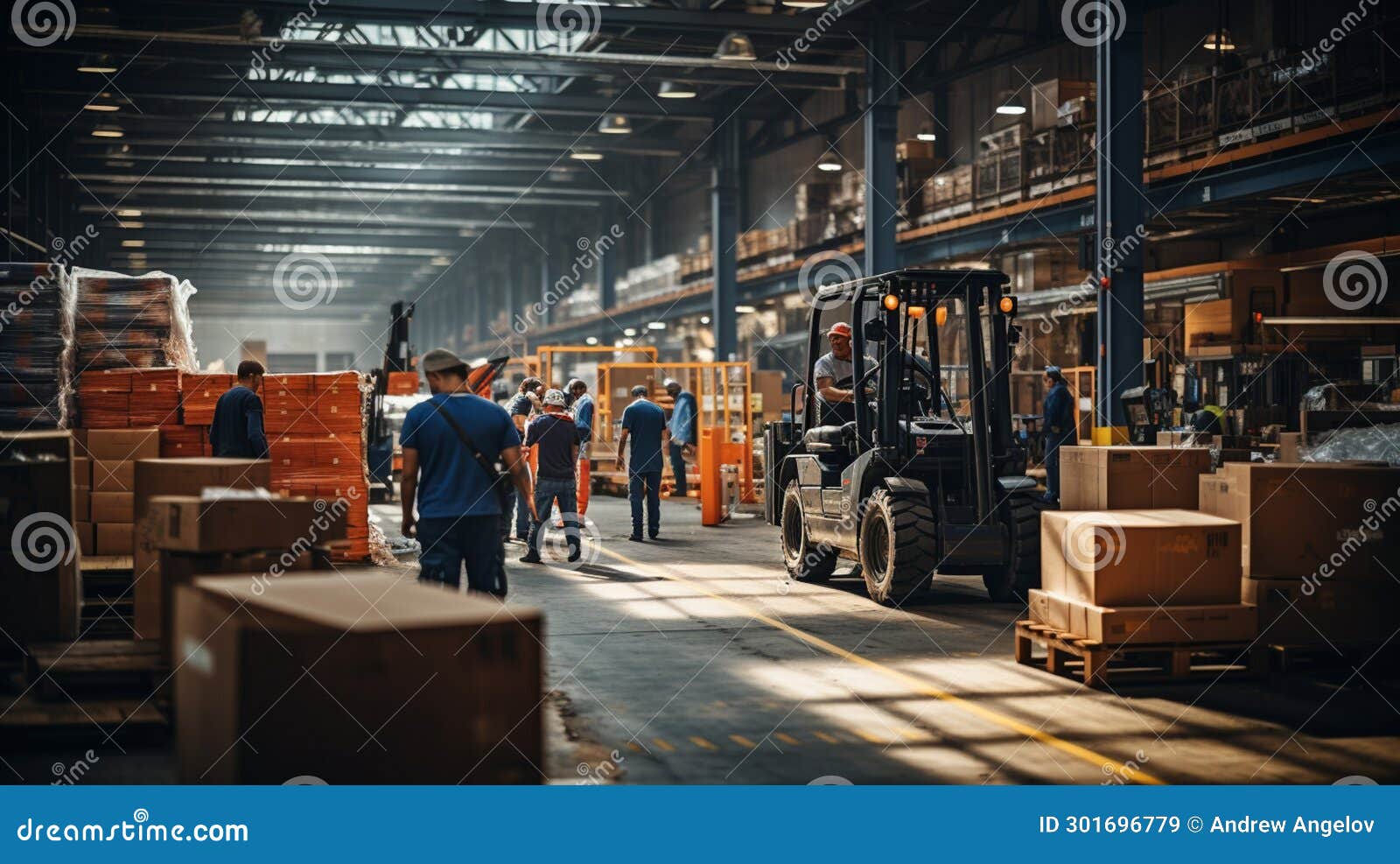 Forklift Loader in Storage Warehouse Ship Yard. Distribution Products ...
