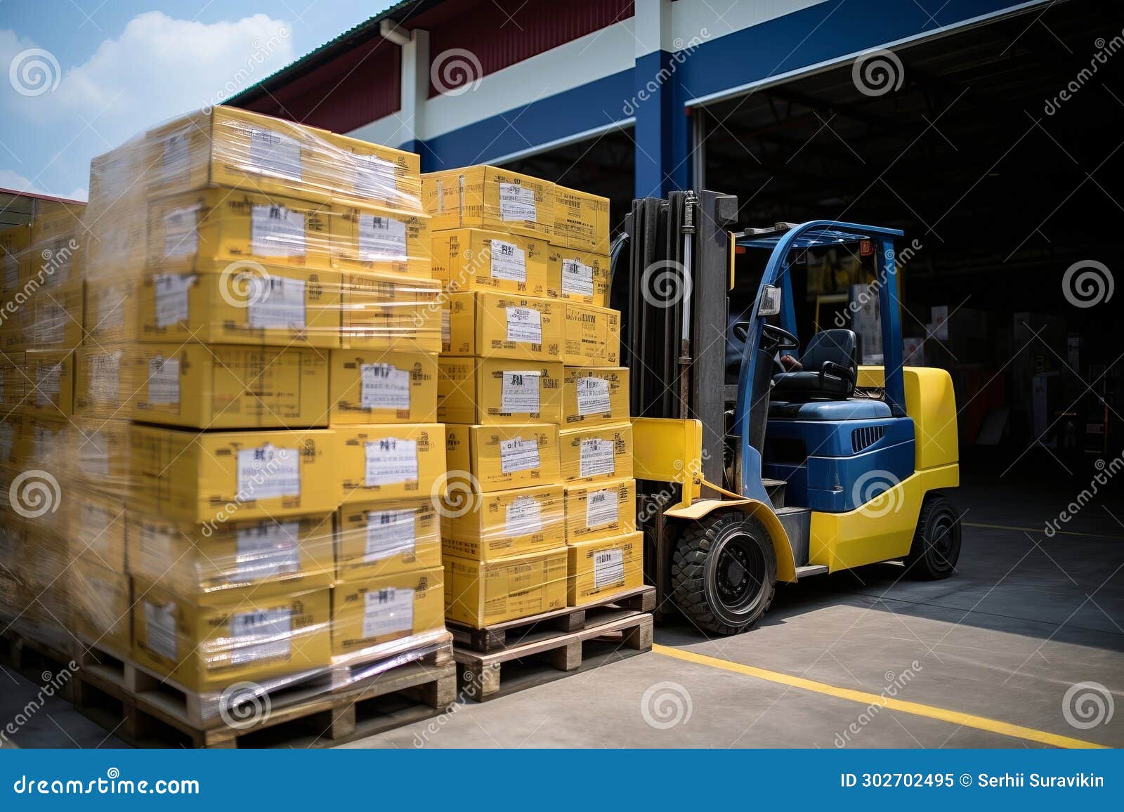 Forklift Loader Transporting and Loading Cardboard Boxes Stock ...