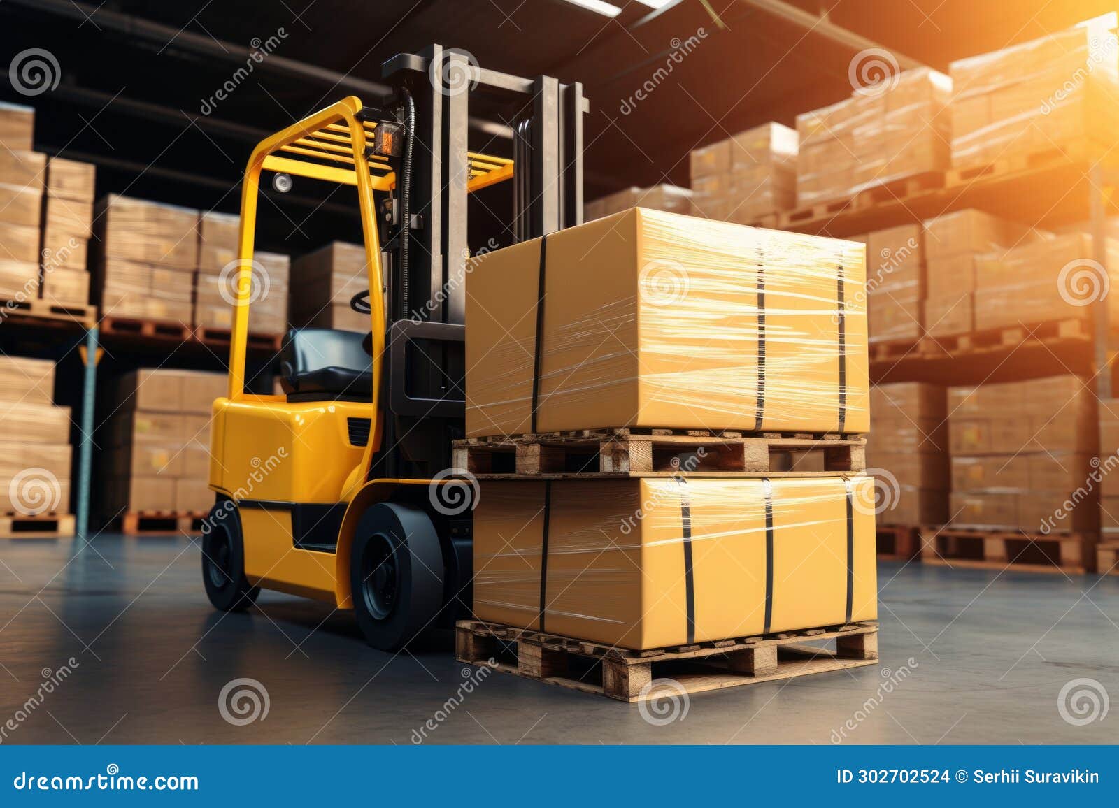 Forklift Loader Transporting and Loading Cardboard Boxes Stock ...