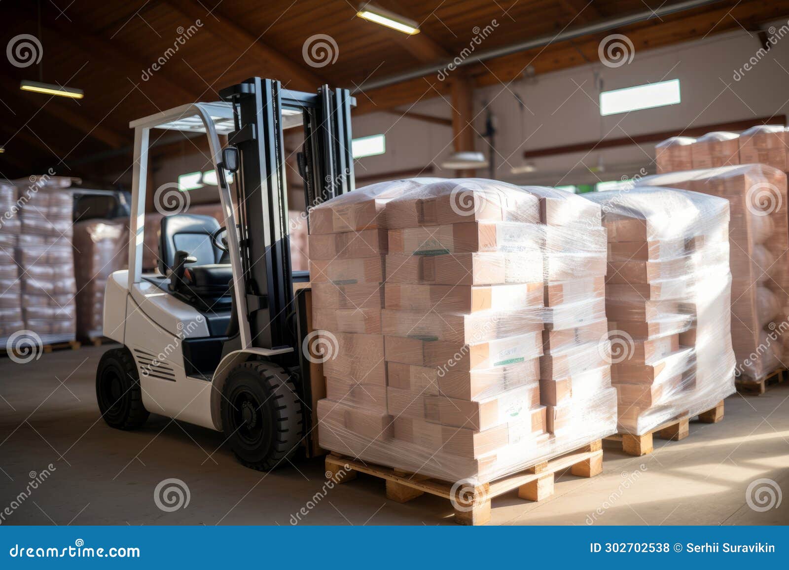 Forklift Loader Transporting and Loading Cardboard Boxes Stock ...