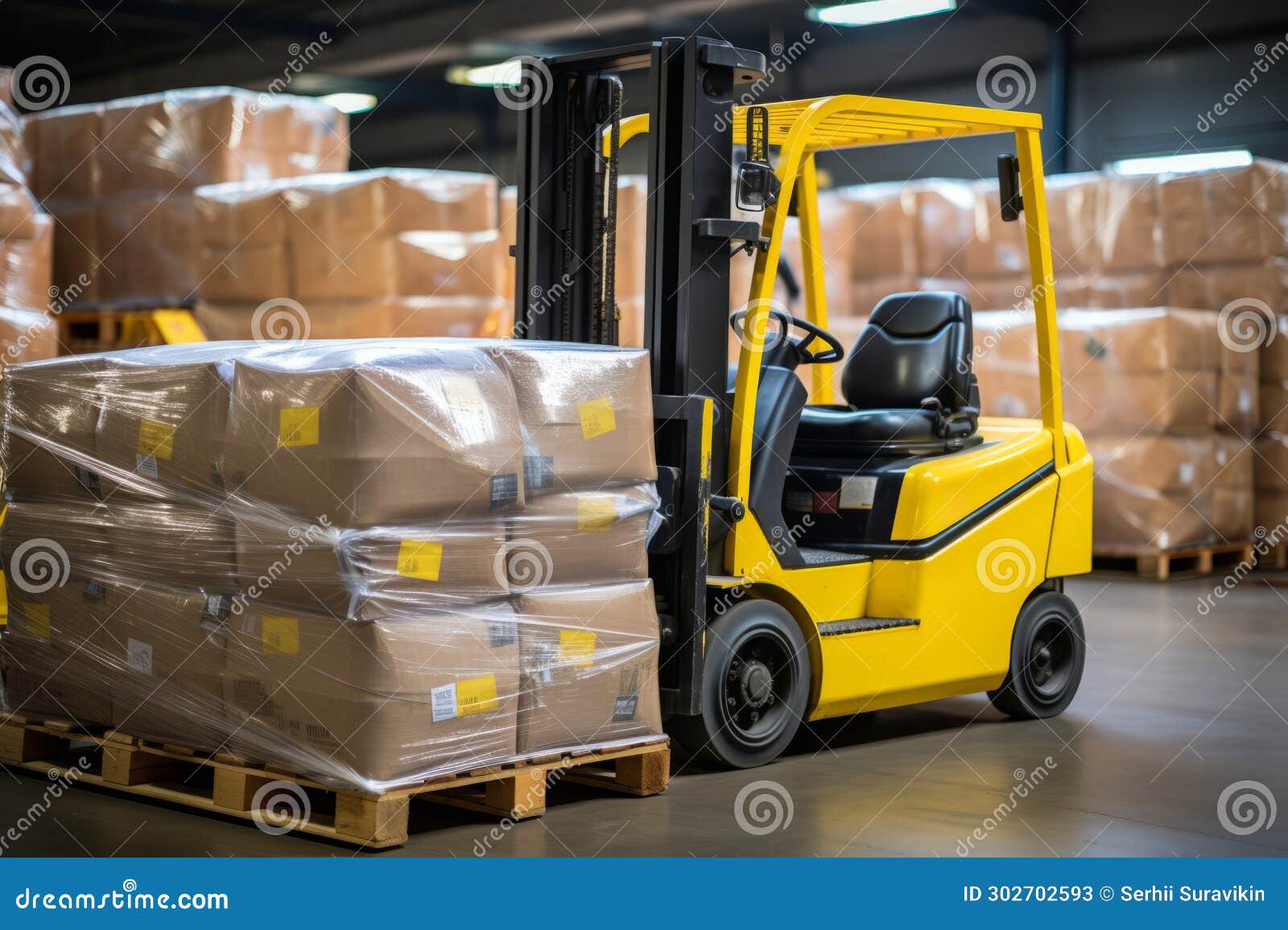 Forklift Loader Transporting and Loading Cardboard Boxes Stock ...