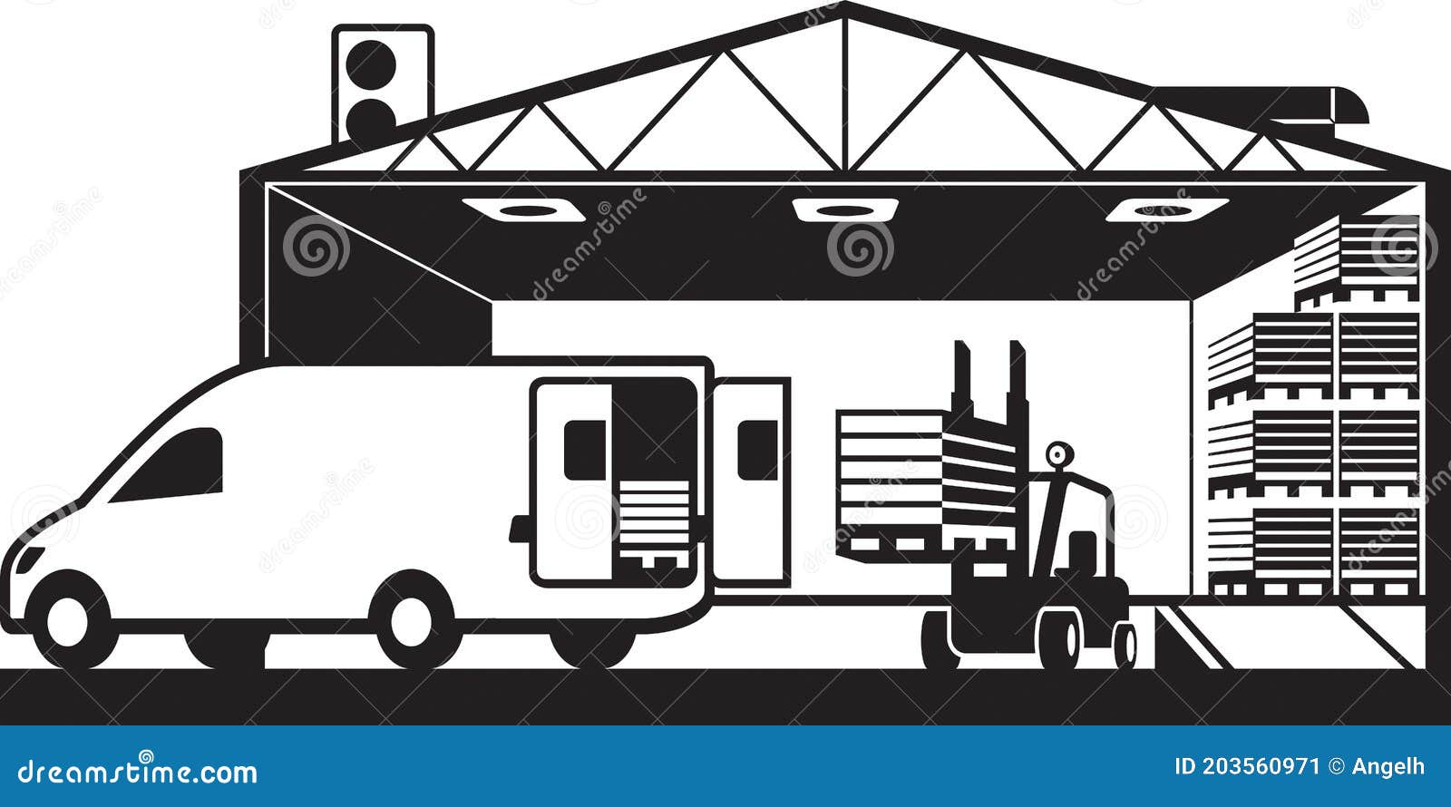 Forklift Loading Cargo Van with Pallets in Warehouse Stock Vector ...