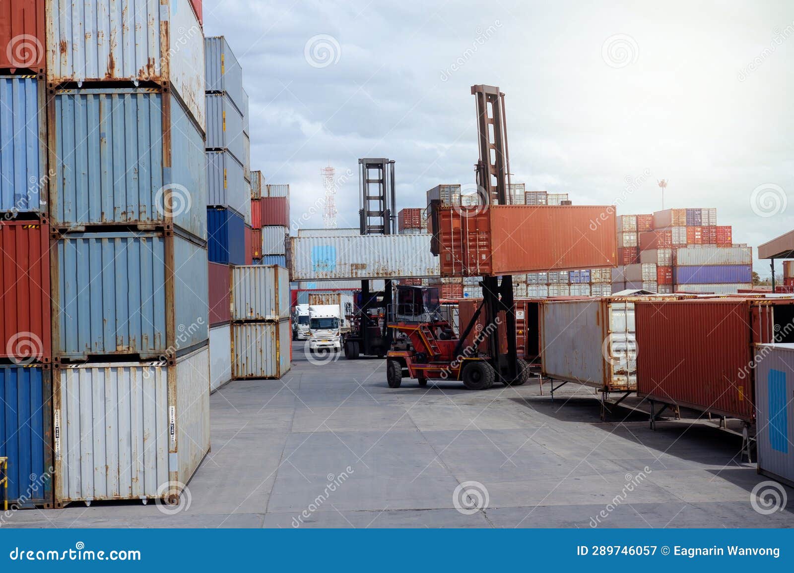 Forklift Loading and Unloading Goods, Container Boxes in a Shipping ...