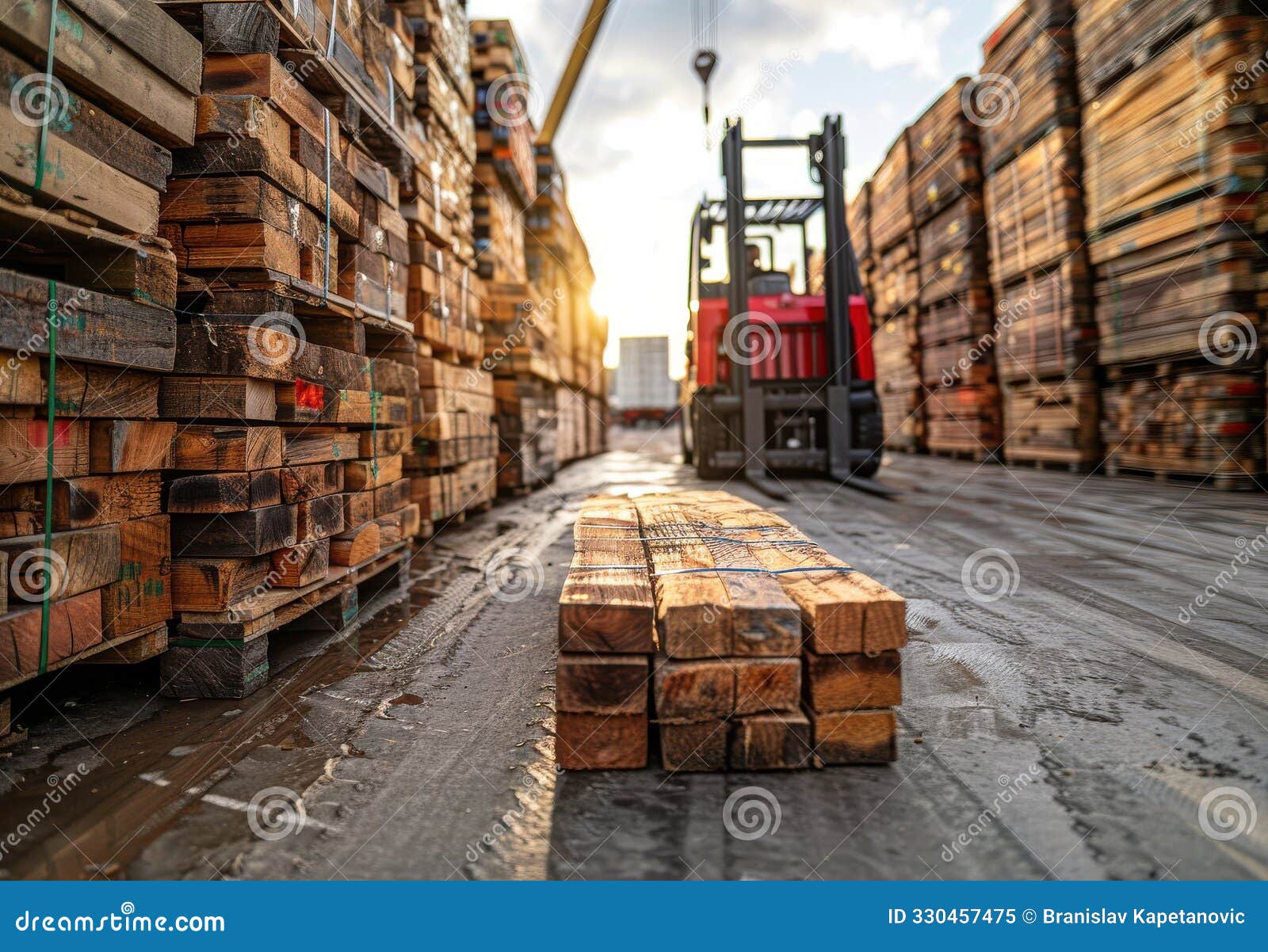 Forklift Loading Wood Planks into Storage at a Warehouse during Sunset ...