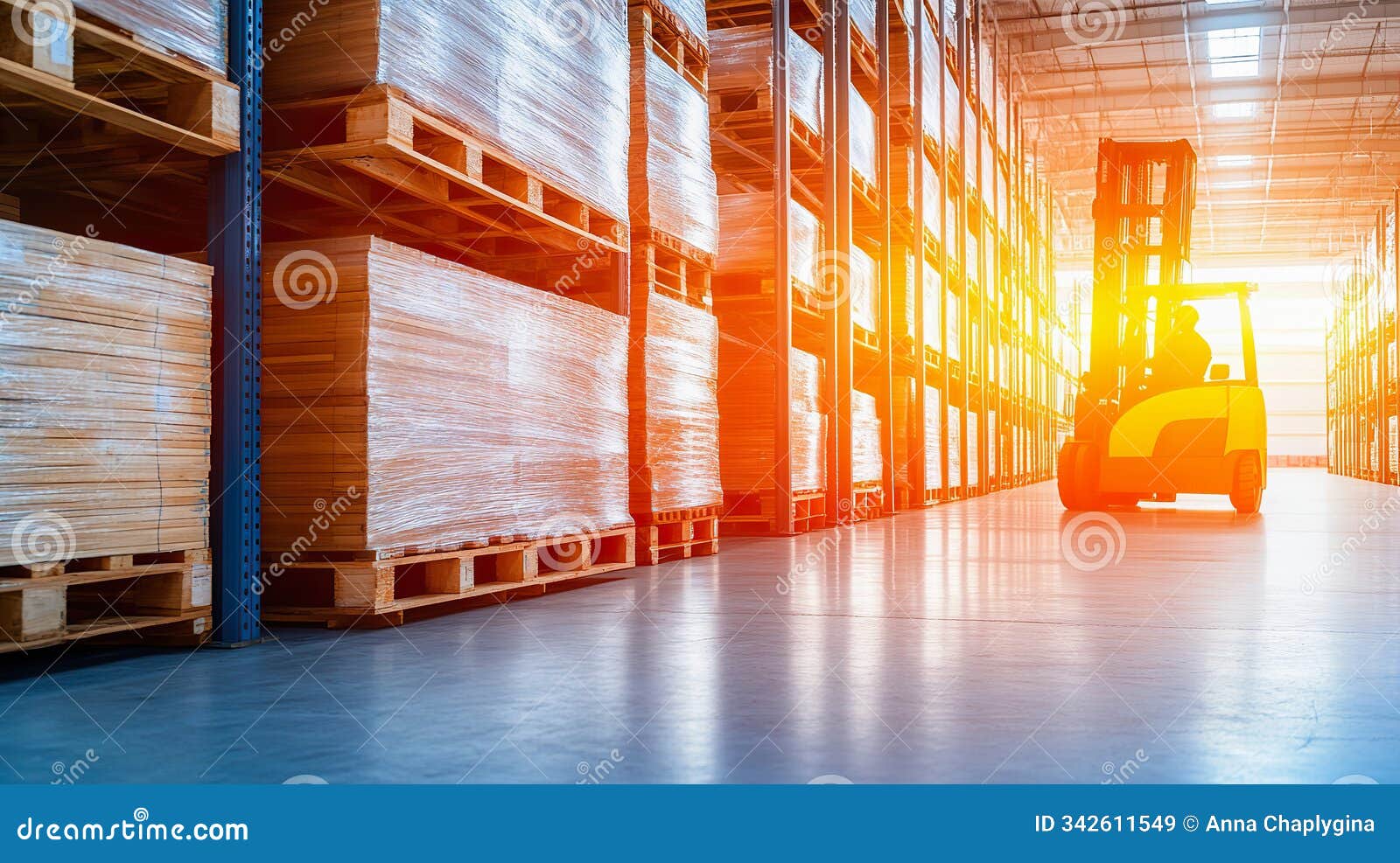 Forklift Loading Wooden Pallets in Well Organized Warehouse Stock Image ...