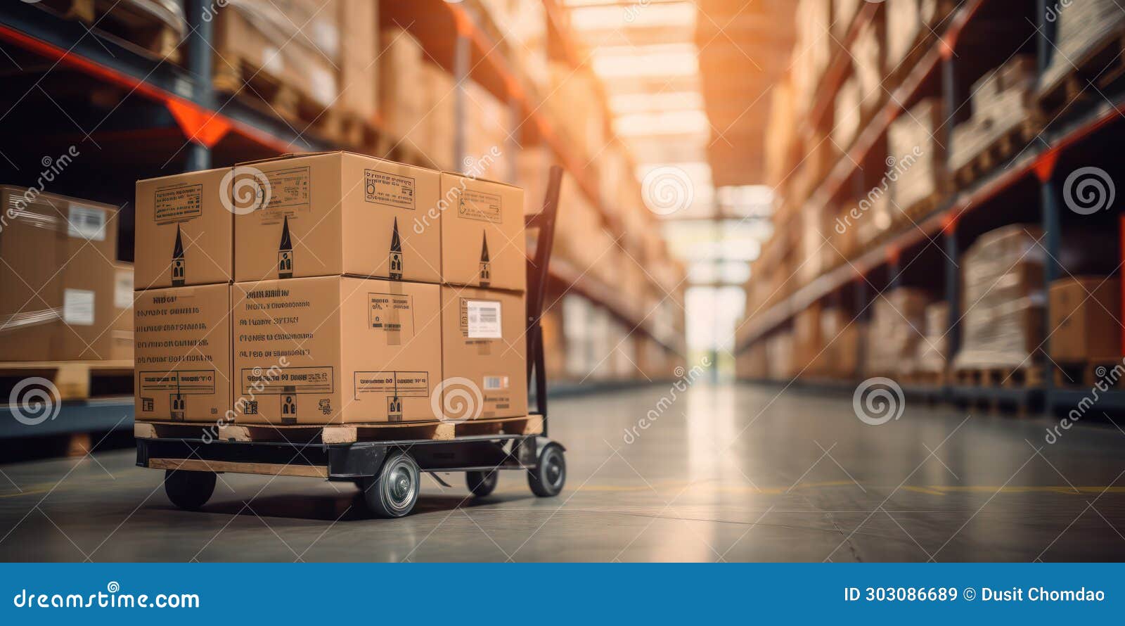 A Forklift Loads Pallets and Boxes Onto Racks in a Huge Hangar or ...