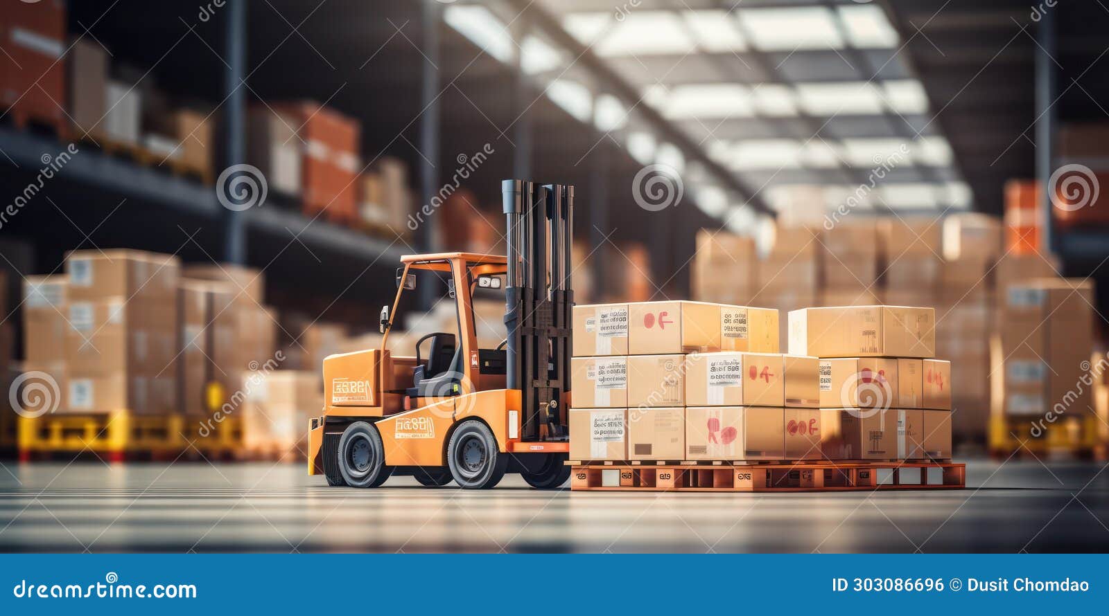A Forklift Loads Pallets and Boxes Onto Racks in a Huge Hangar or ...