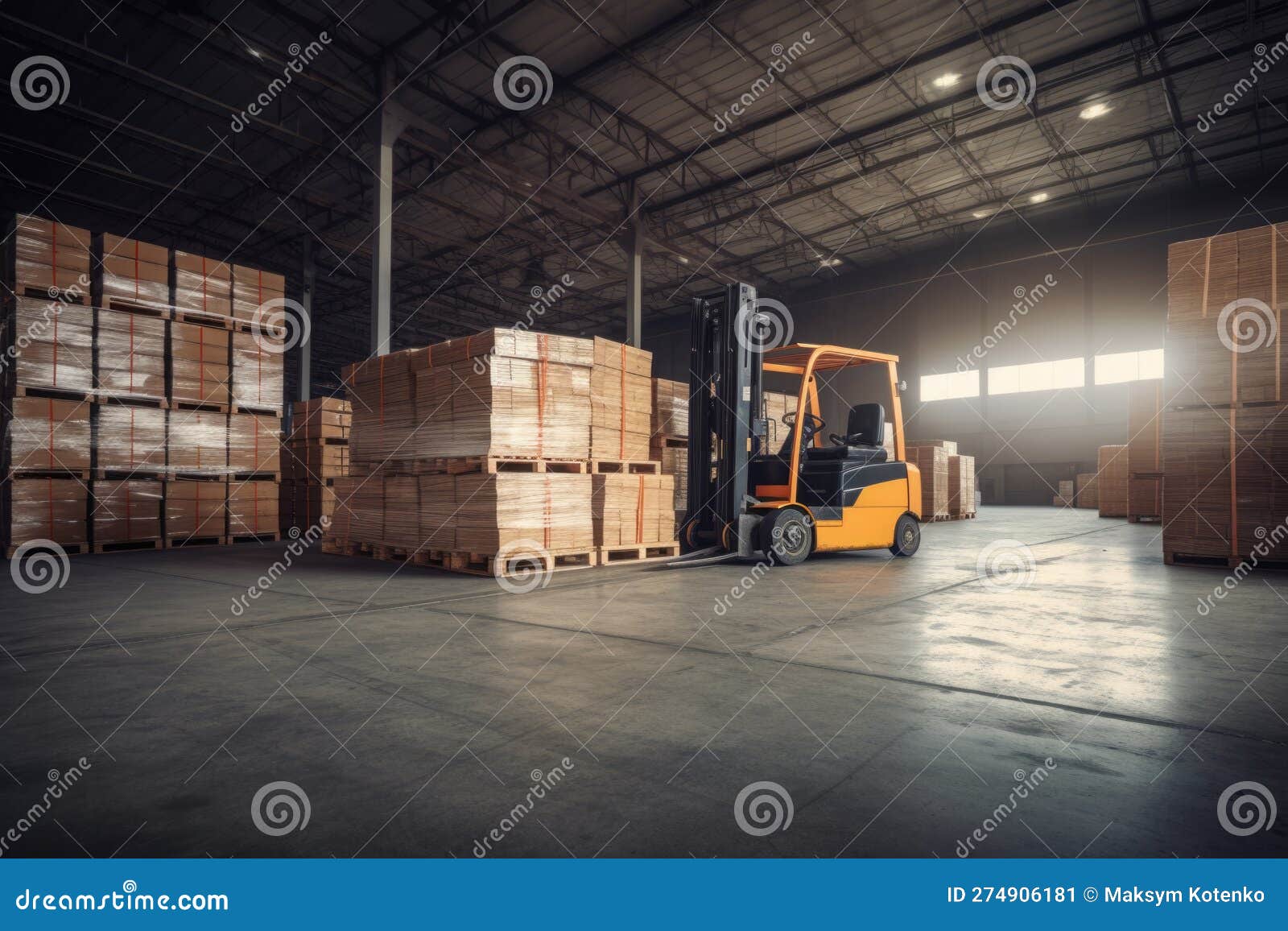 Forklift Loads Pallets and Boxes in Warehouse Generative AI Stock ...