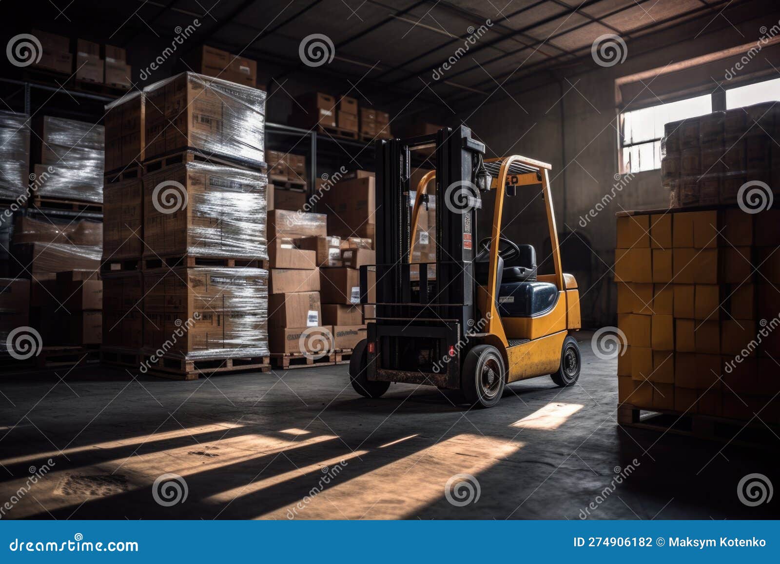 Forklift Loads Pallets and Boxes in Warehouse Generative AI Stock ...