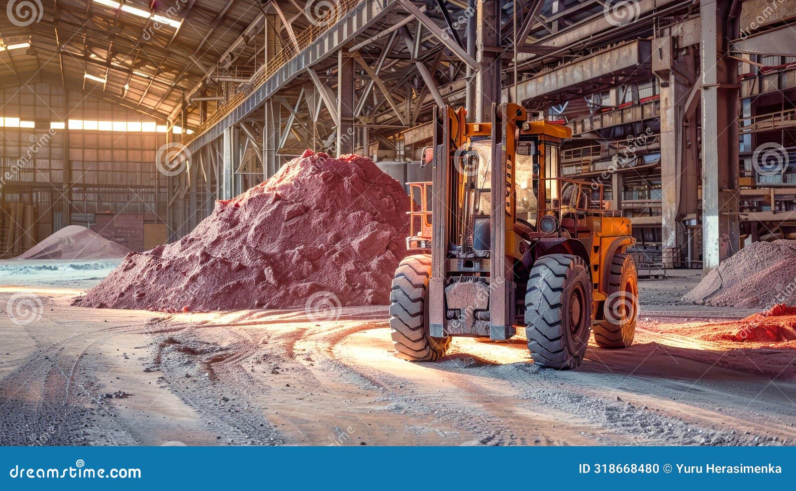 A Forklift Maneuvers through a Factory Filled with Red Dirt, Transporting Materials for the ...