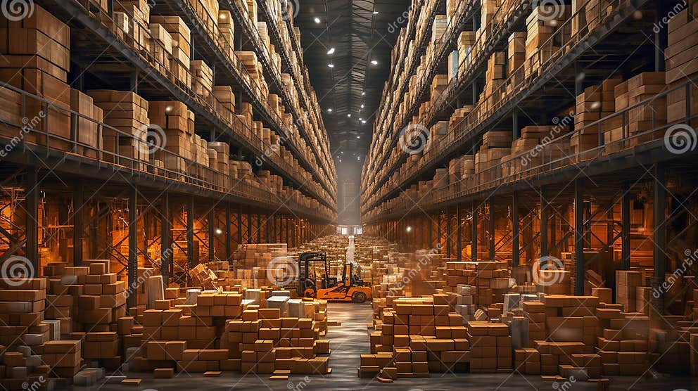 Forklift in the Middle of a Densely Packed Warehouse Aisle Stock Illustration - Illustration of ...