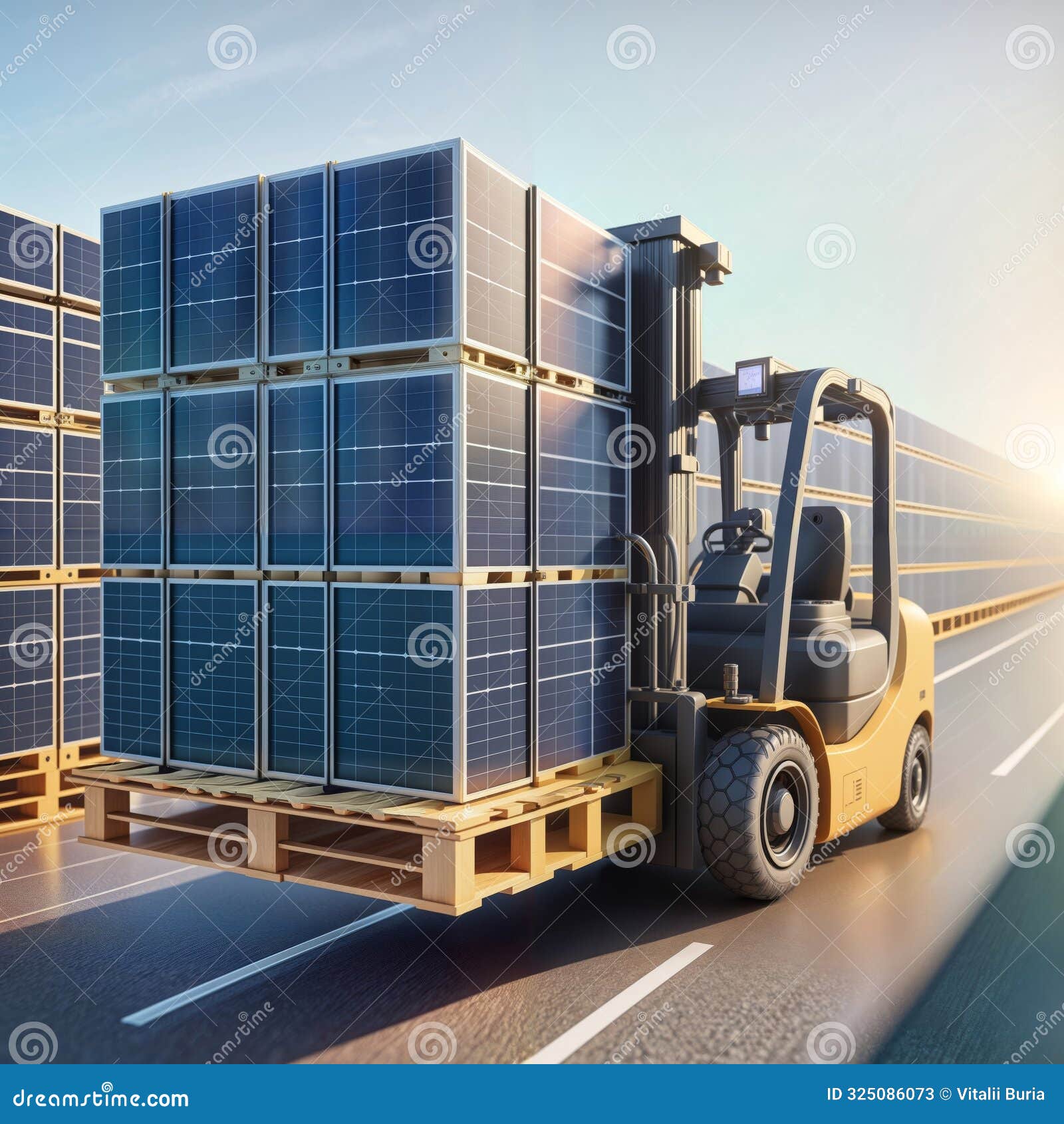 Forklift Moves Solar Panels, Generative Ai Stock Illustration ...