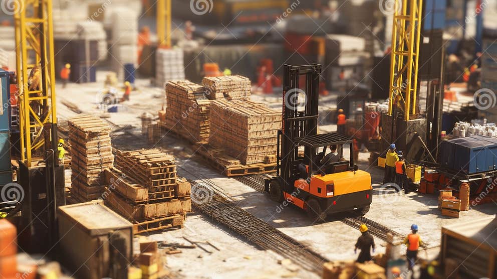 A Forklift Moving Construction Materials at a Busy Construction Site ...