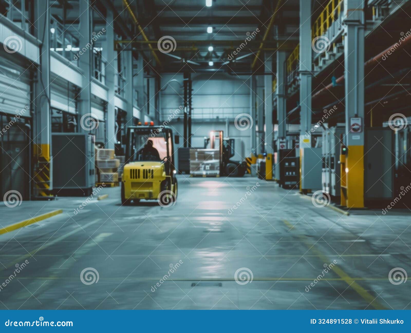 A Forklift Operating in a Dimly Lit Industrial Warehouse at Night ...
