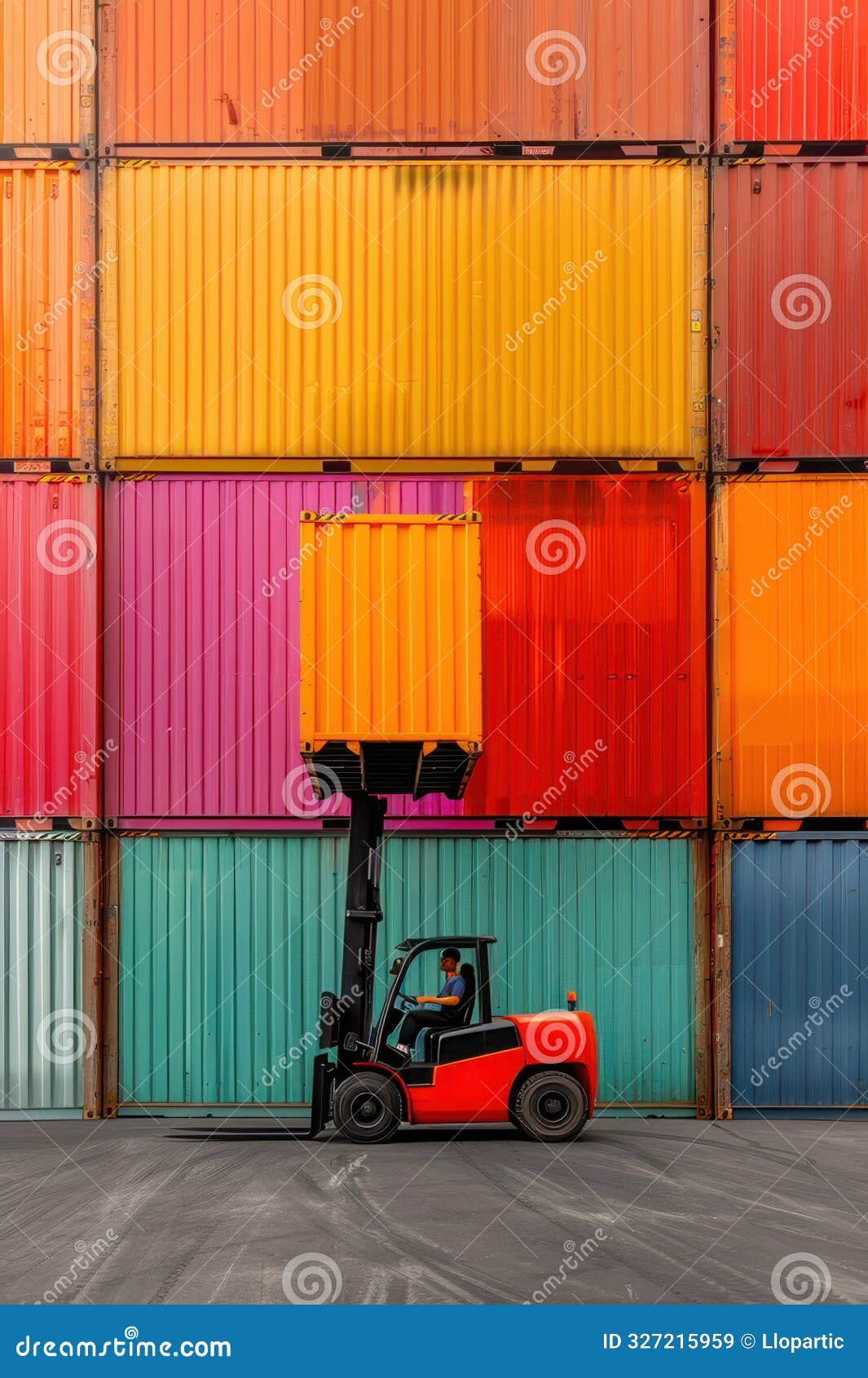 Forklift Operator Lifting a Container at a Colorful Cargo Terminal ...
