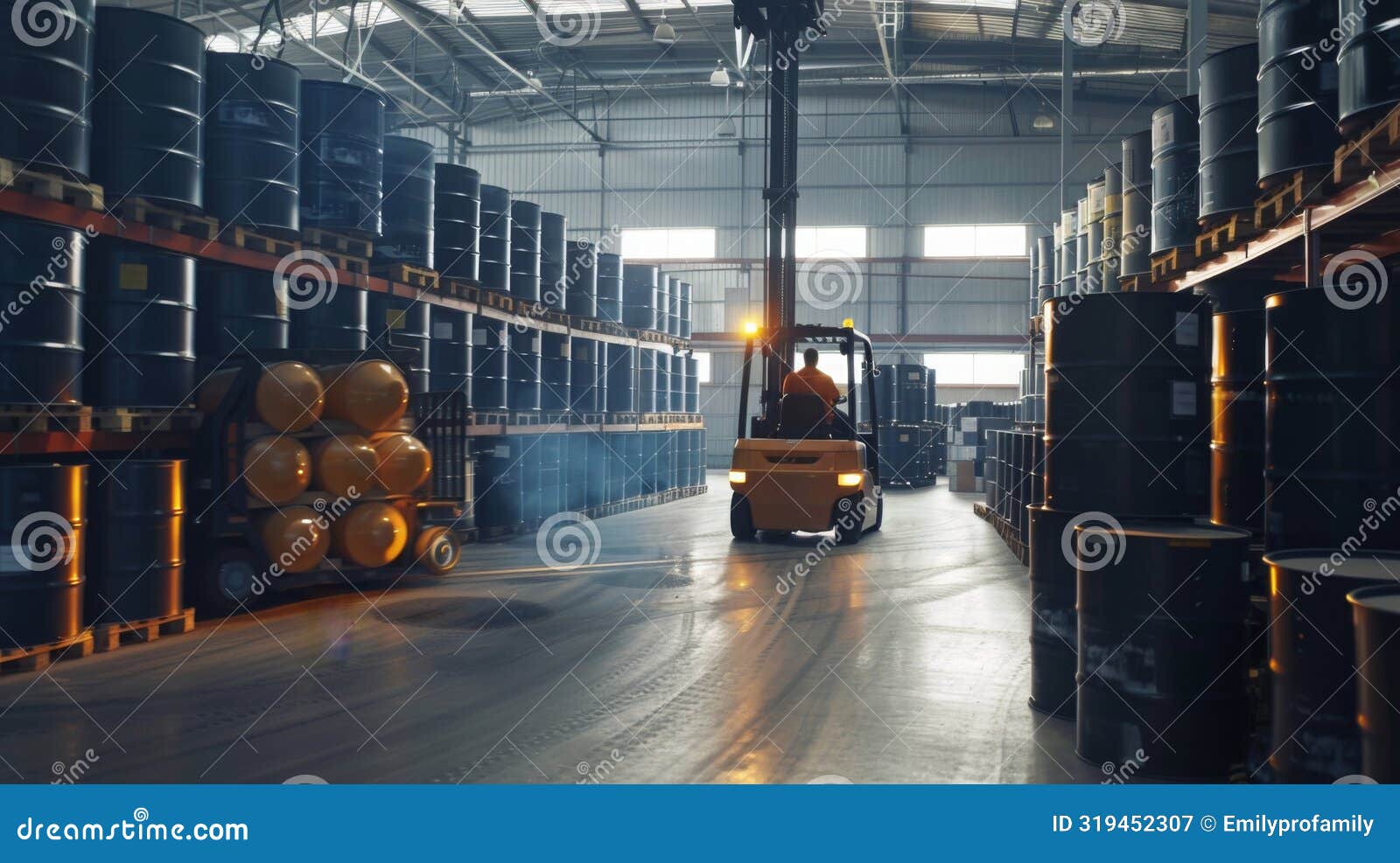 Forklift Operator Moving Barrels in Industrial Warehouse during Daytime ...