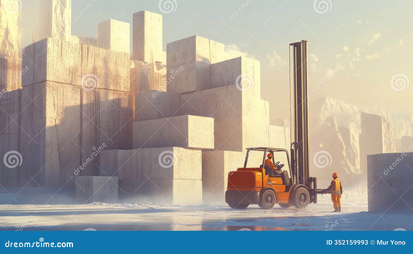 Forklift Operator Moving Large Concrete Blocks in a Snowy Landscape ...