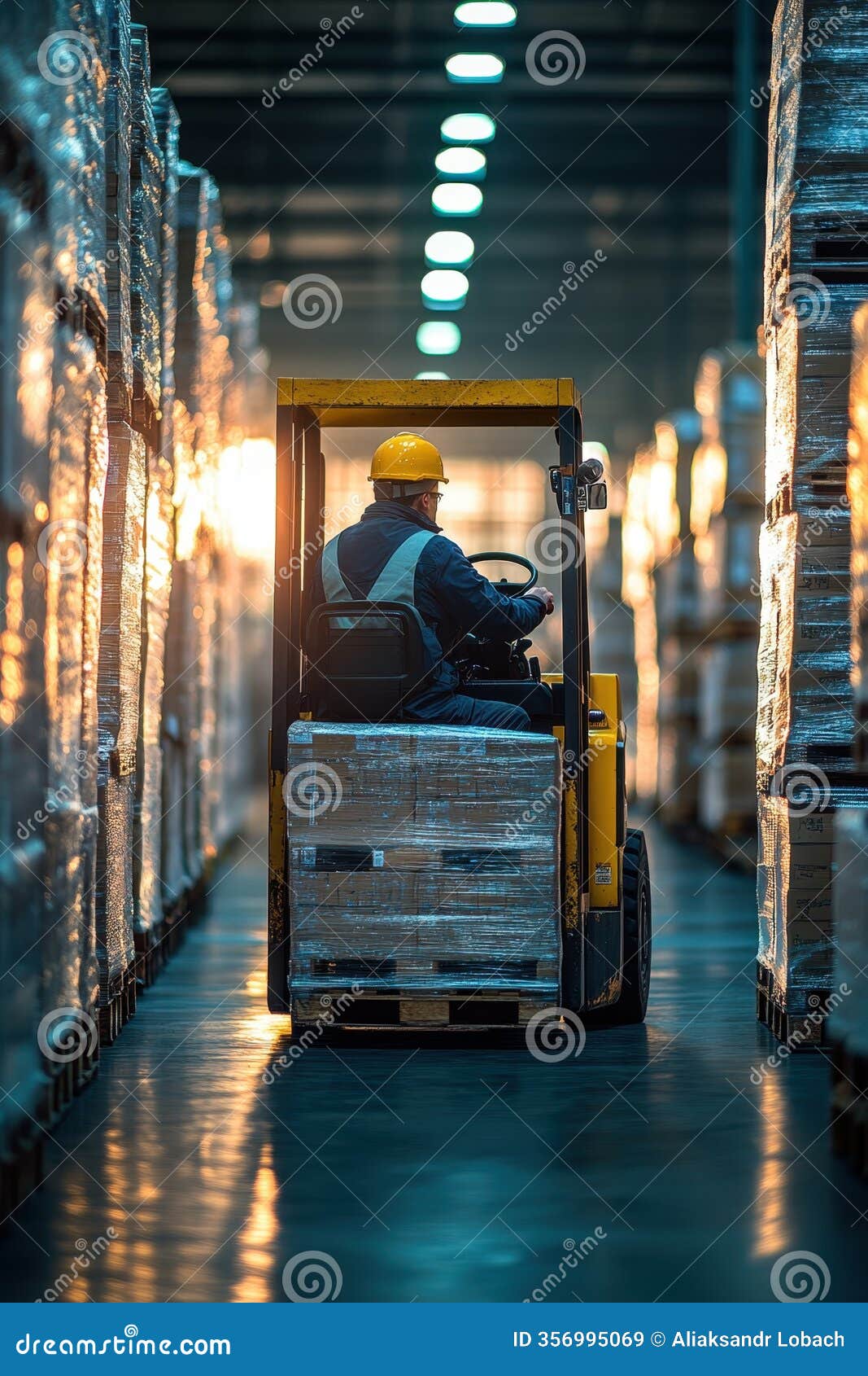 Forklift Operator Navigates between Stacked Pallets in a Warehouse at ...