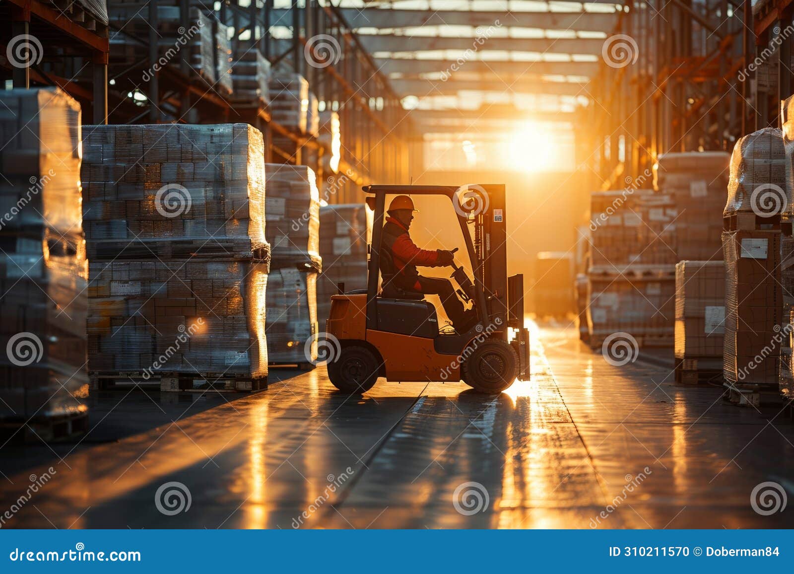 Forklift Operator at Work in a Sunny Warehouse with Pallets Stock Photo ...