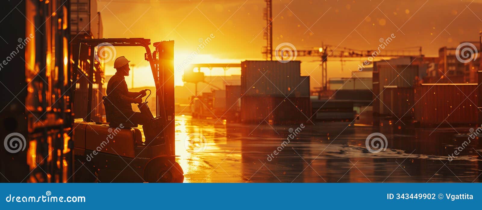Forklift Operator at Work during Sunset in an Industrial Shipping Area ...