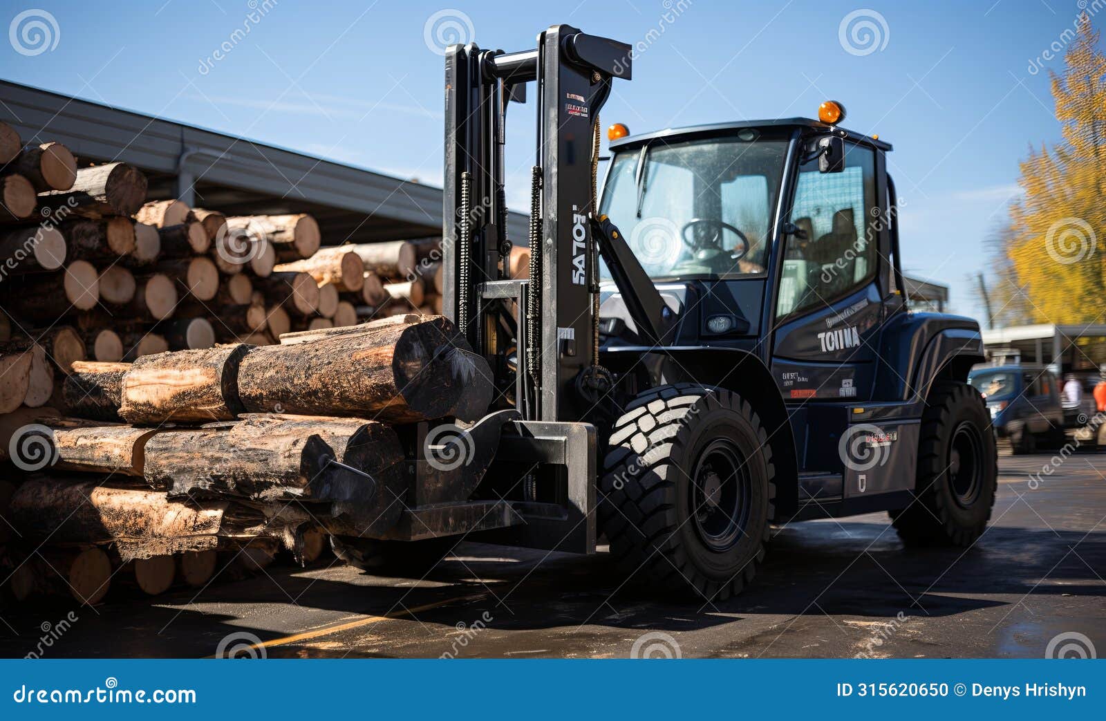 Forklift Parked Next To Pile of Logs Stock Photo - Image of operation ...