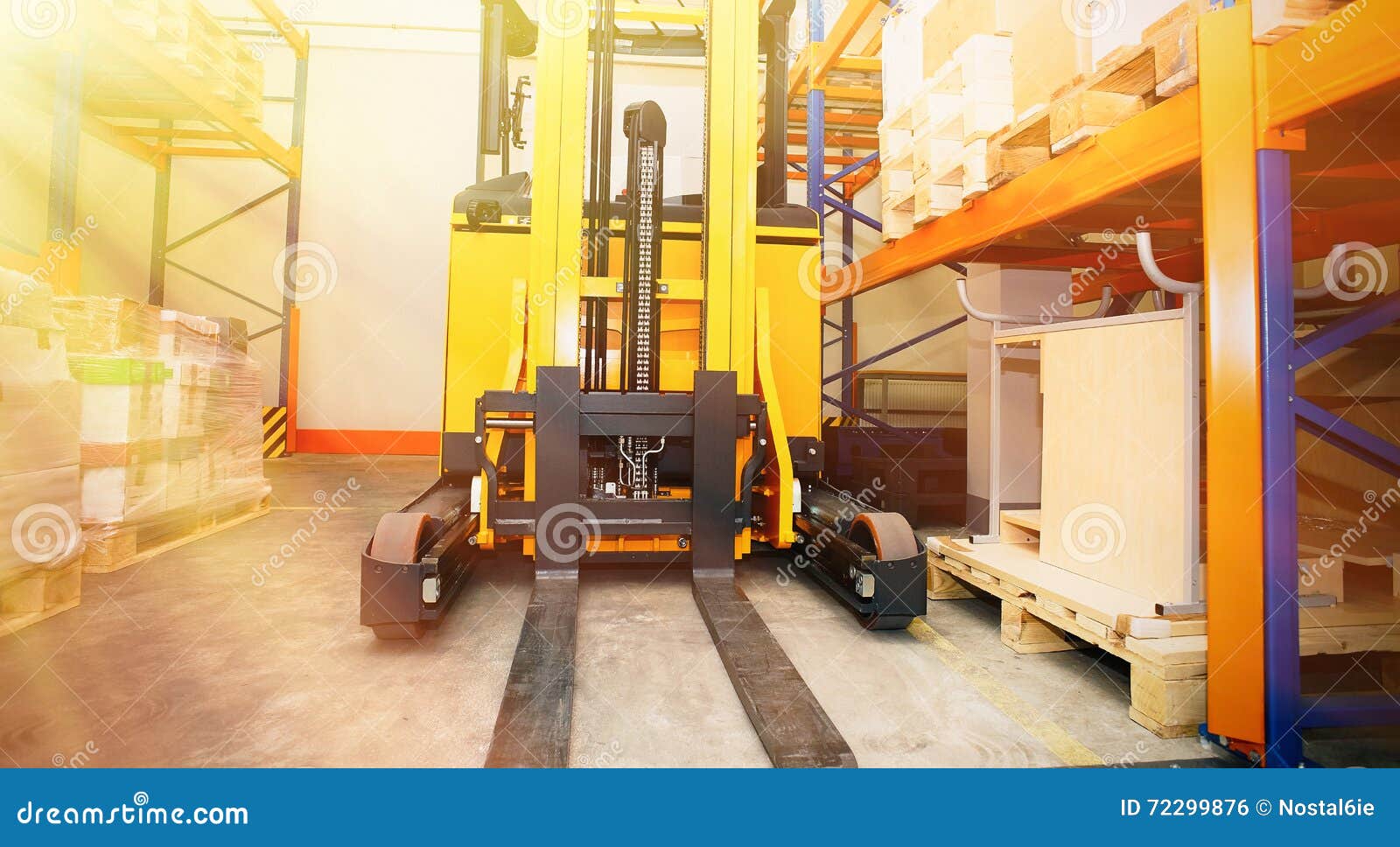 Forklift, Shelves and Racks with Pallets Stock Photo - Image of ...