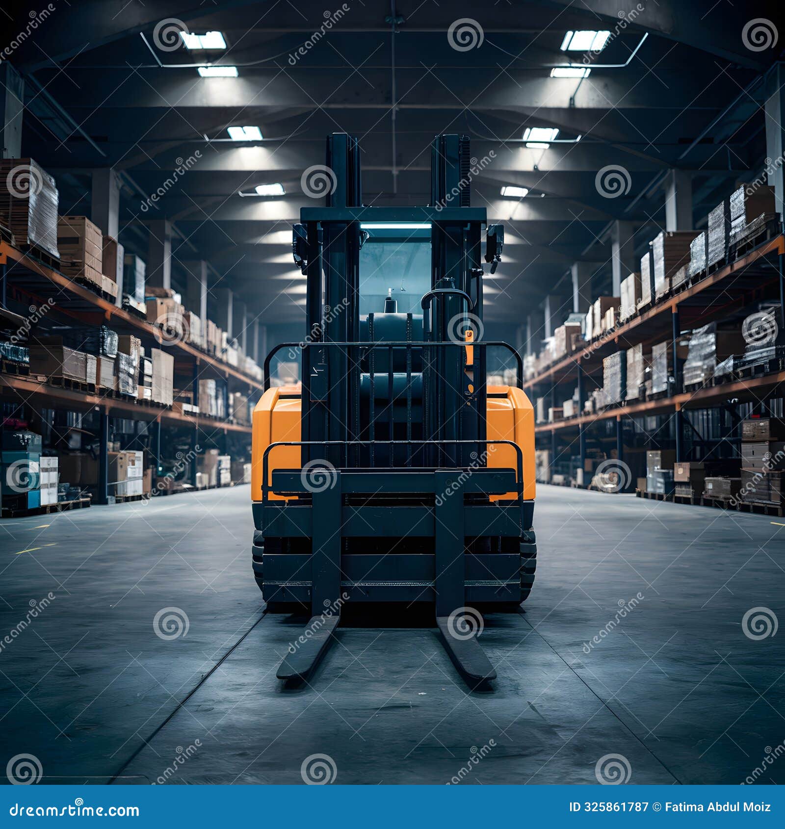 Forklift In Spacious Warehouse, High Ceilings, Dim Lighting, Logistical ...