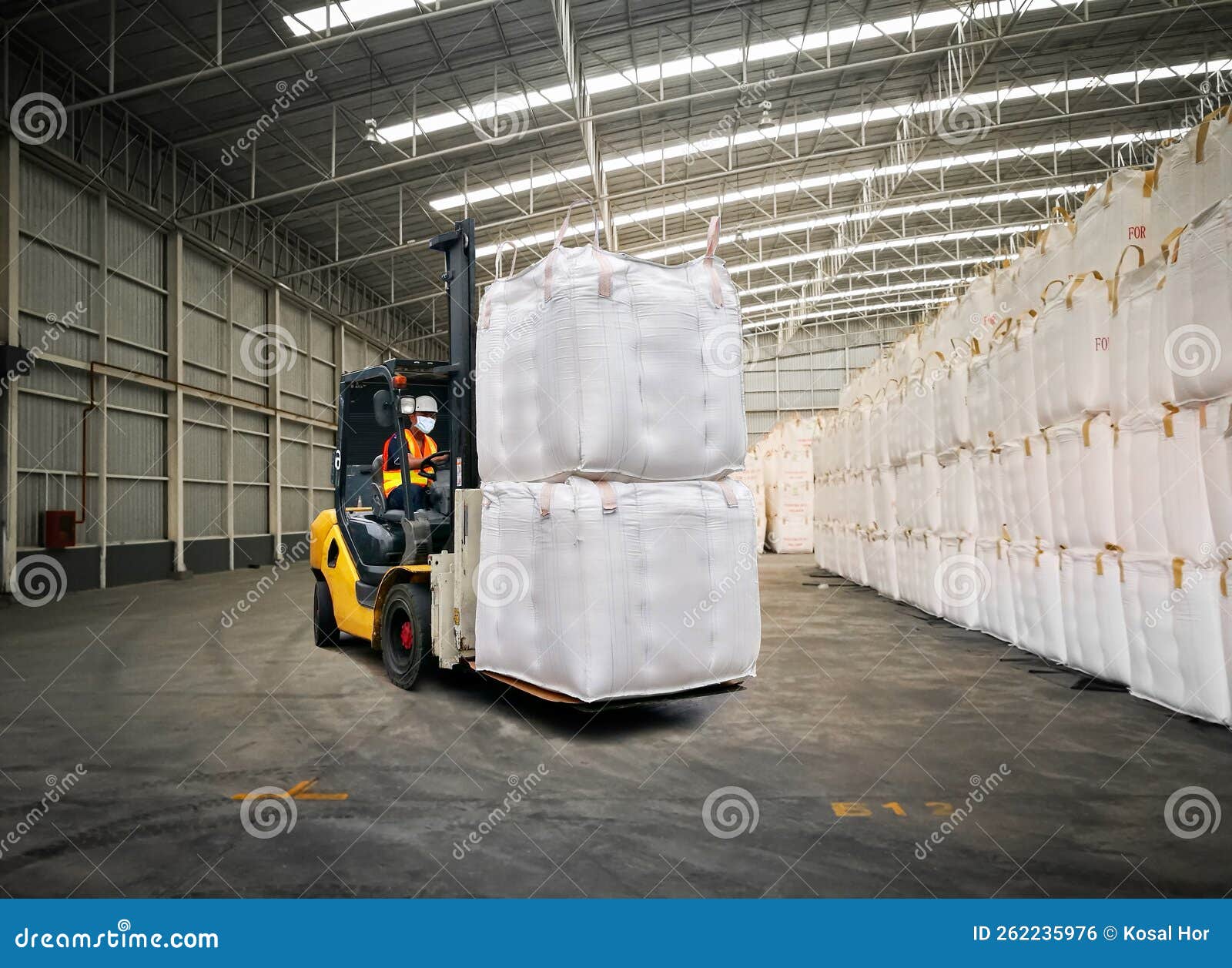 Forklift Stack Jumbo Bags of Sugar, Rice, Grain Inside a Warehouse ...