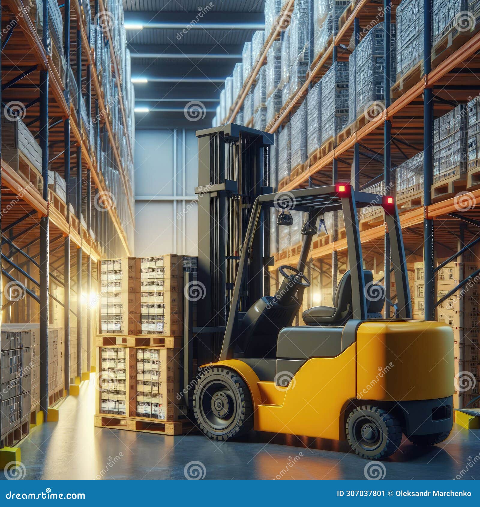A Forklift Stands in a Warehouse between Tiered Racks of Products ...