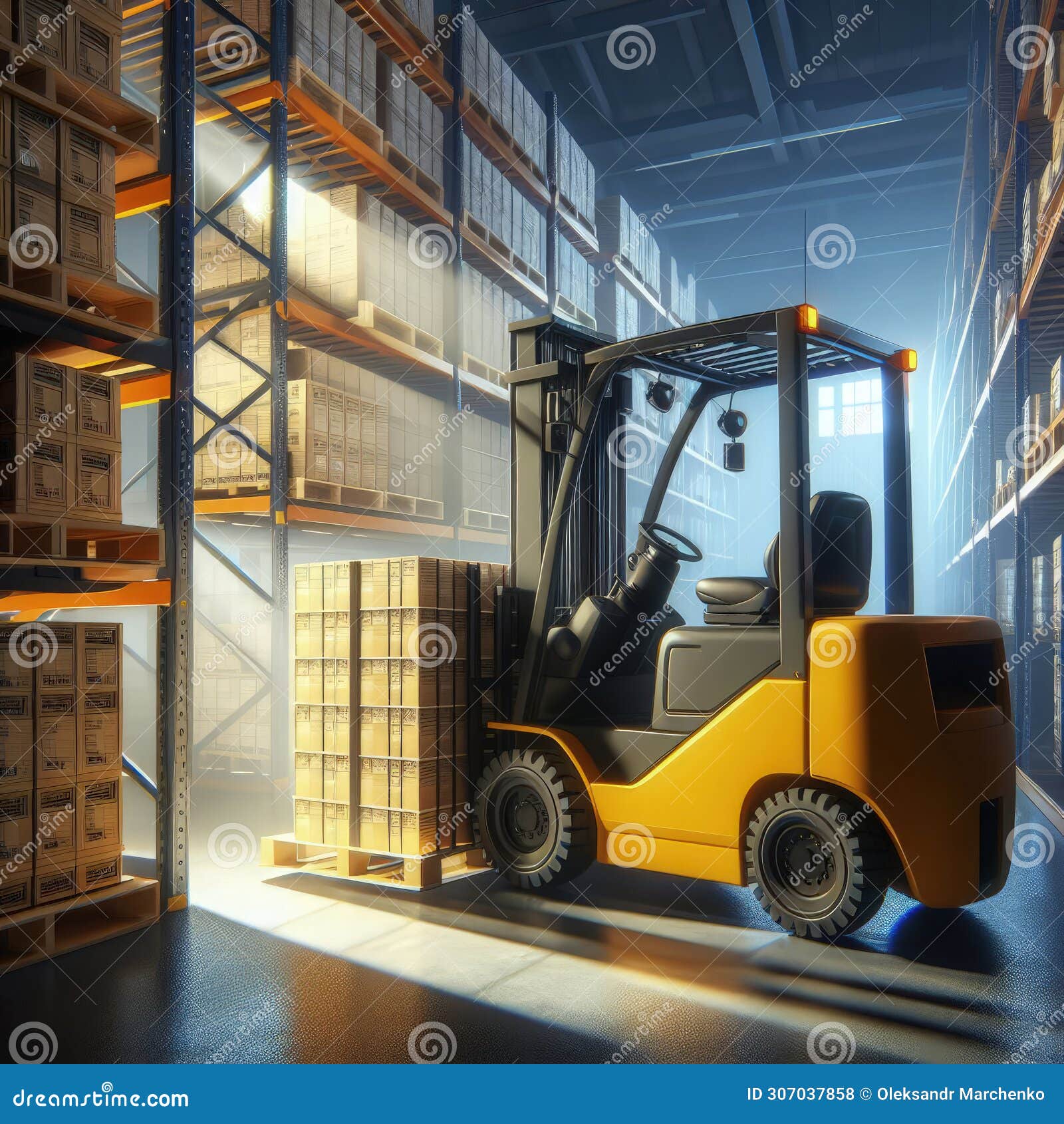 A Forklift Stands in a Warehouse between Tiered Racks of Products ...