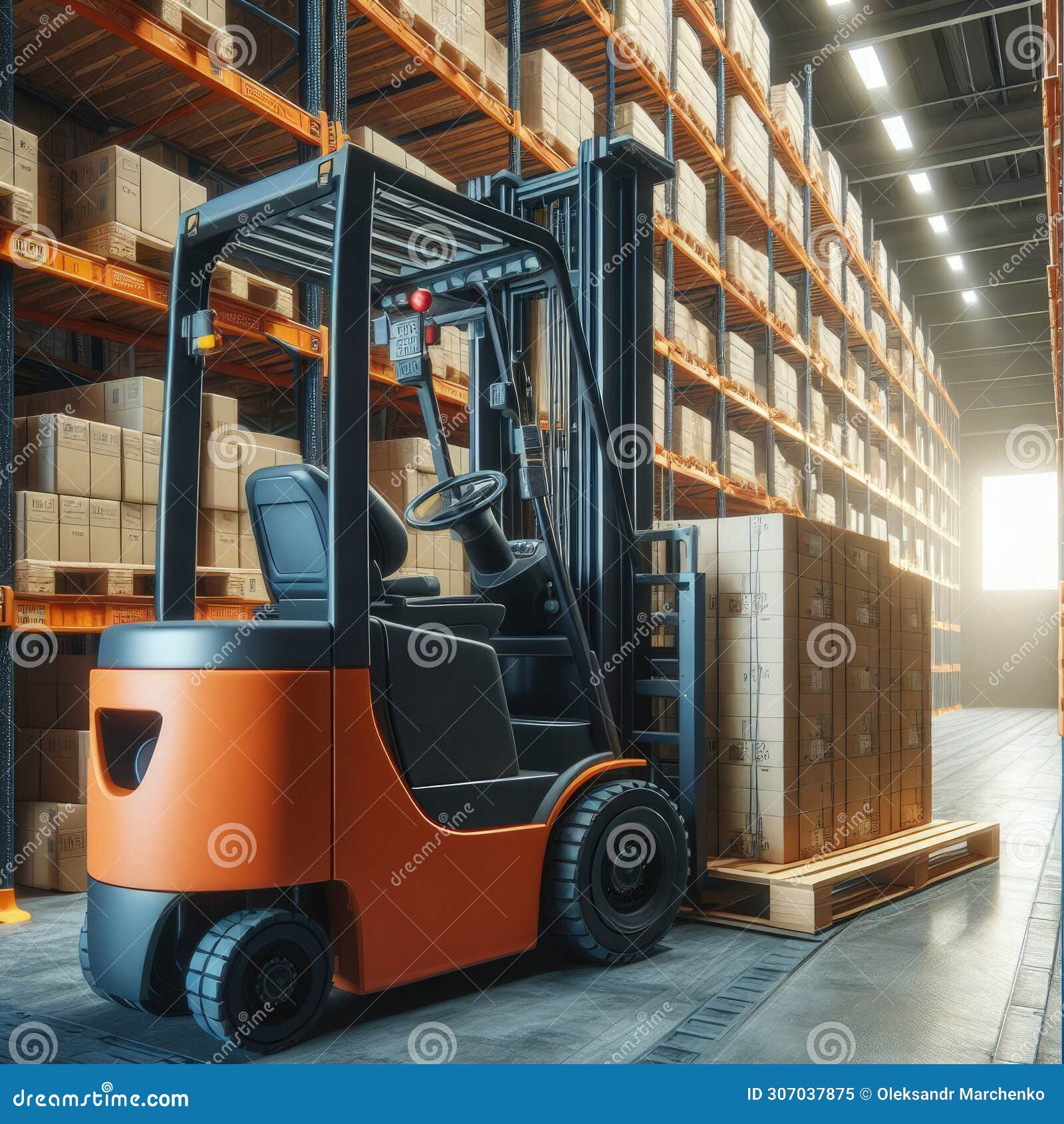 A Forklift Stands in a Warehouse between Tiered Racks of Products ...