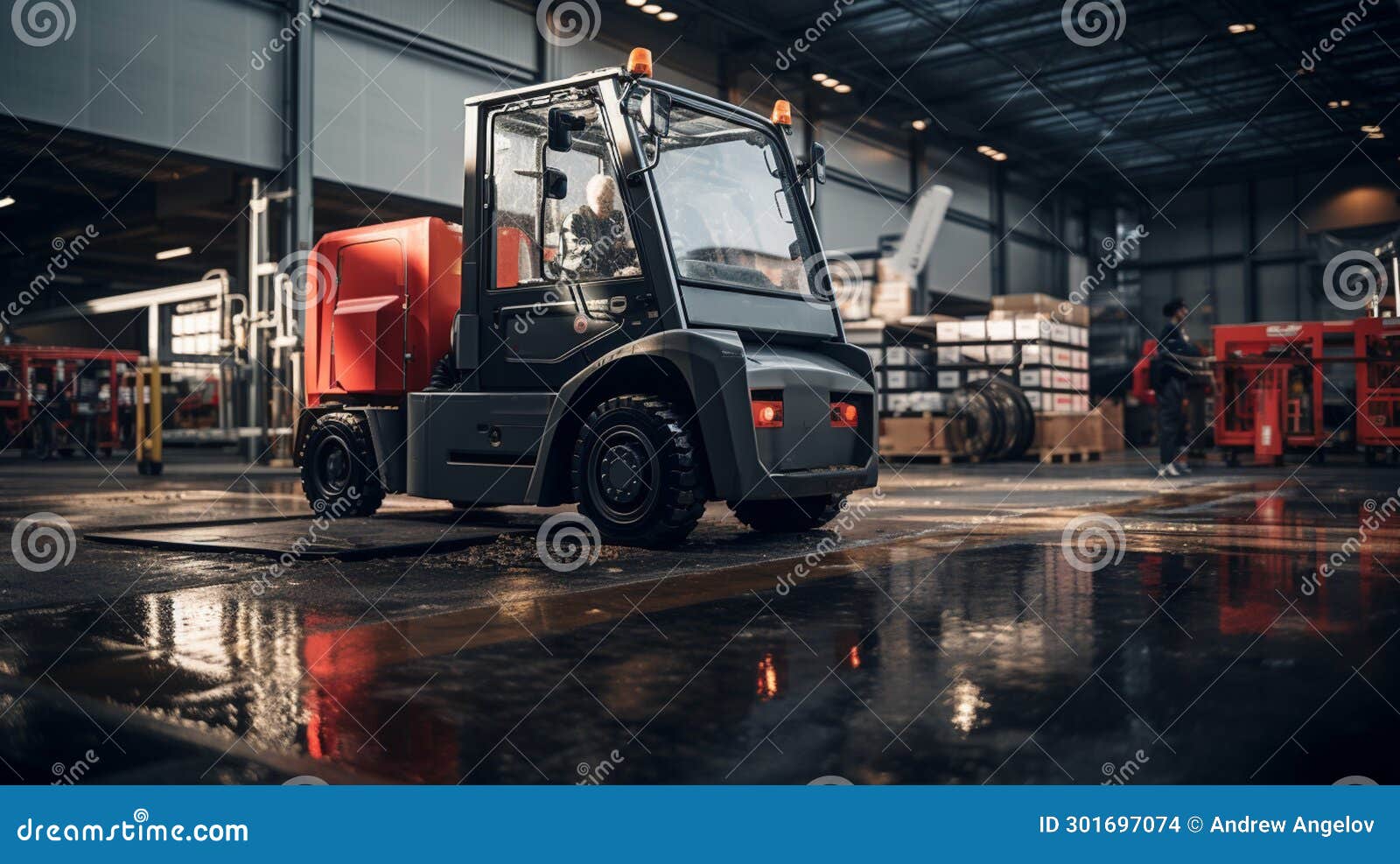 Forklift Tractor Loader at the Warehouse. Truck Parked Loading at Dock ...