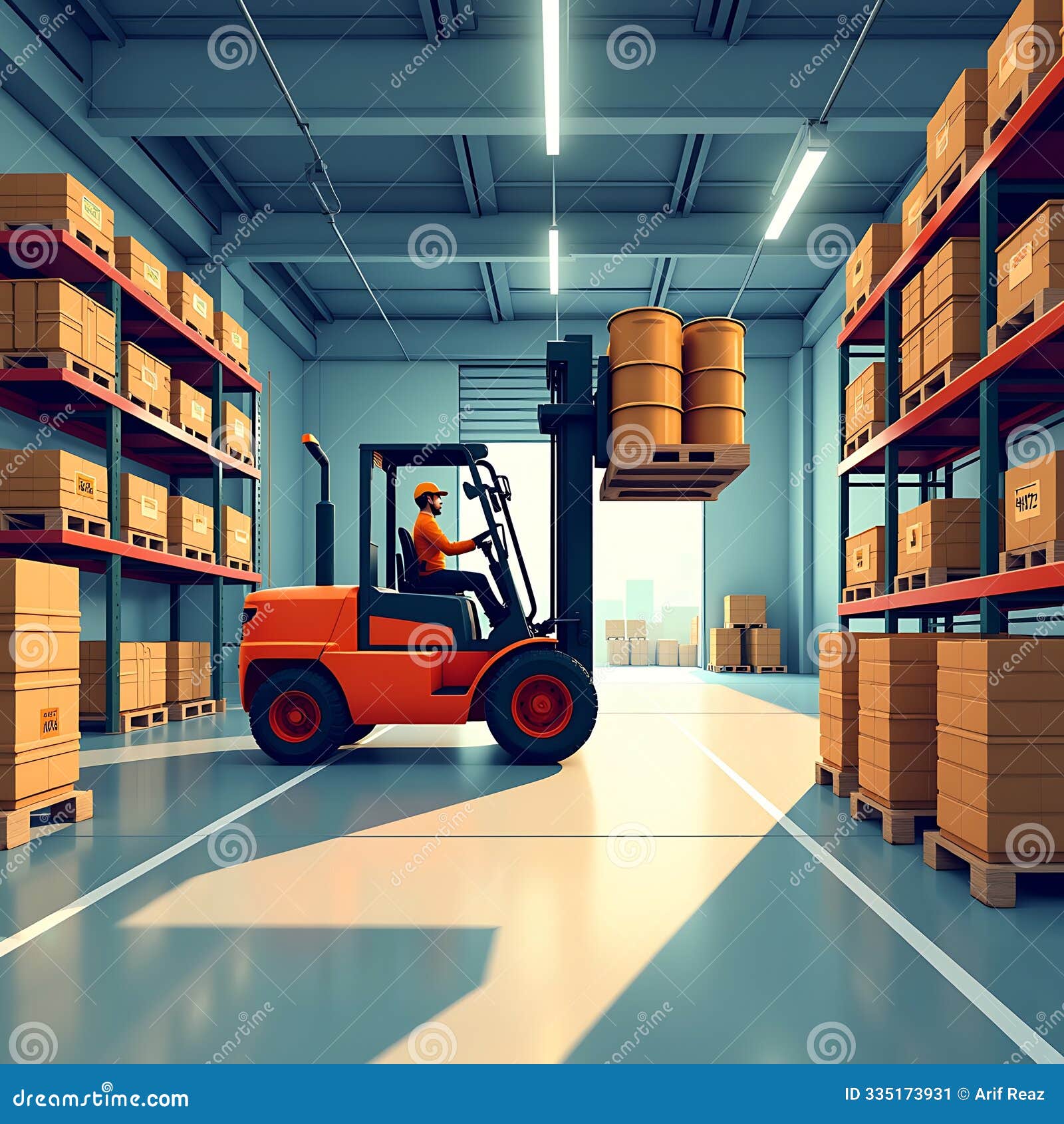 Forklift Transporting Barrels in Well-Organized Warehouse: Efficient ...